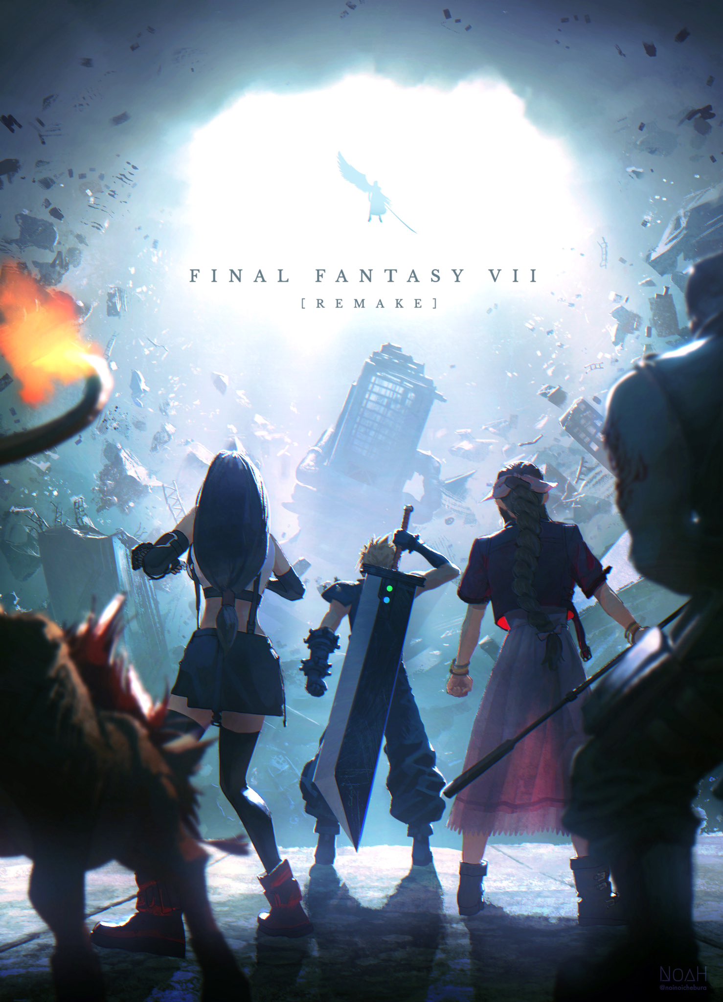 Safebooru - 2girls 4boys aerith gainsborough animal arm tattoo bangle barret wallace black bra ...