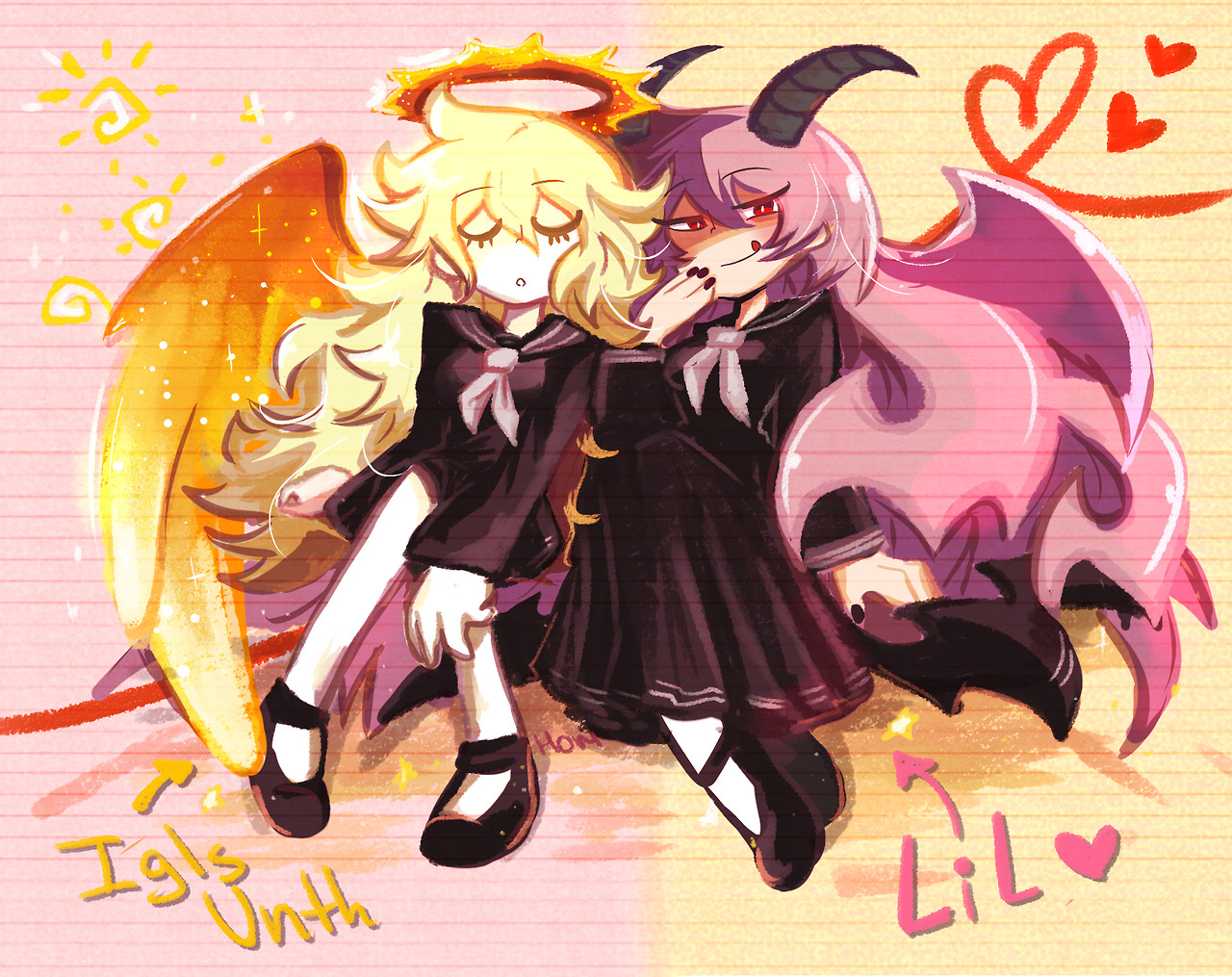 Safebooru - angel angel wings blonde hair closed eyes demon girl demon horns funamusea halo ...