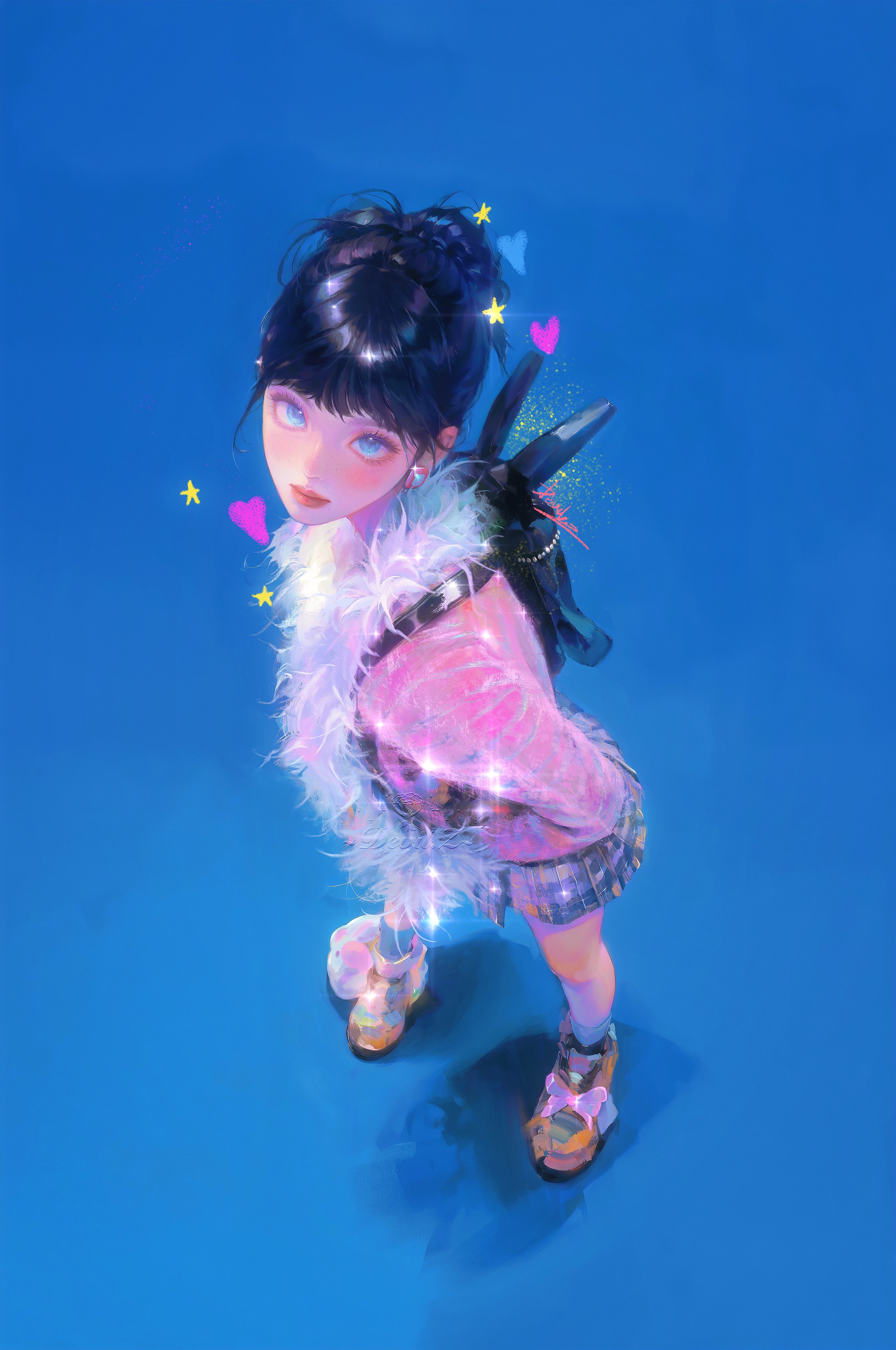 Safebooru - 1girl absurdres aespa alternate eye color backpack bag black bag black hair blue ...