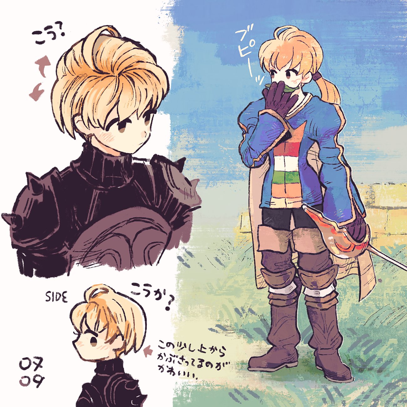 Safebooru - 1boy ahoge armor black armor black gloves black shirt blonde hair blue jacket boots ...