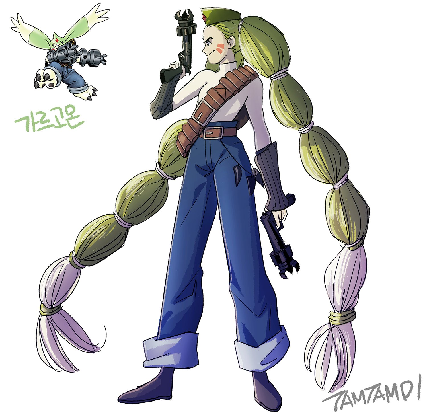 Safebooru - 1girl ammunition belt belt blue pants braid brown belt ...