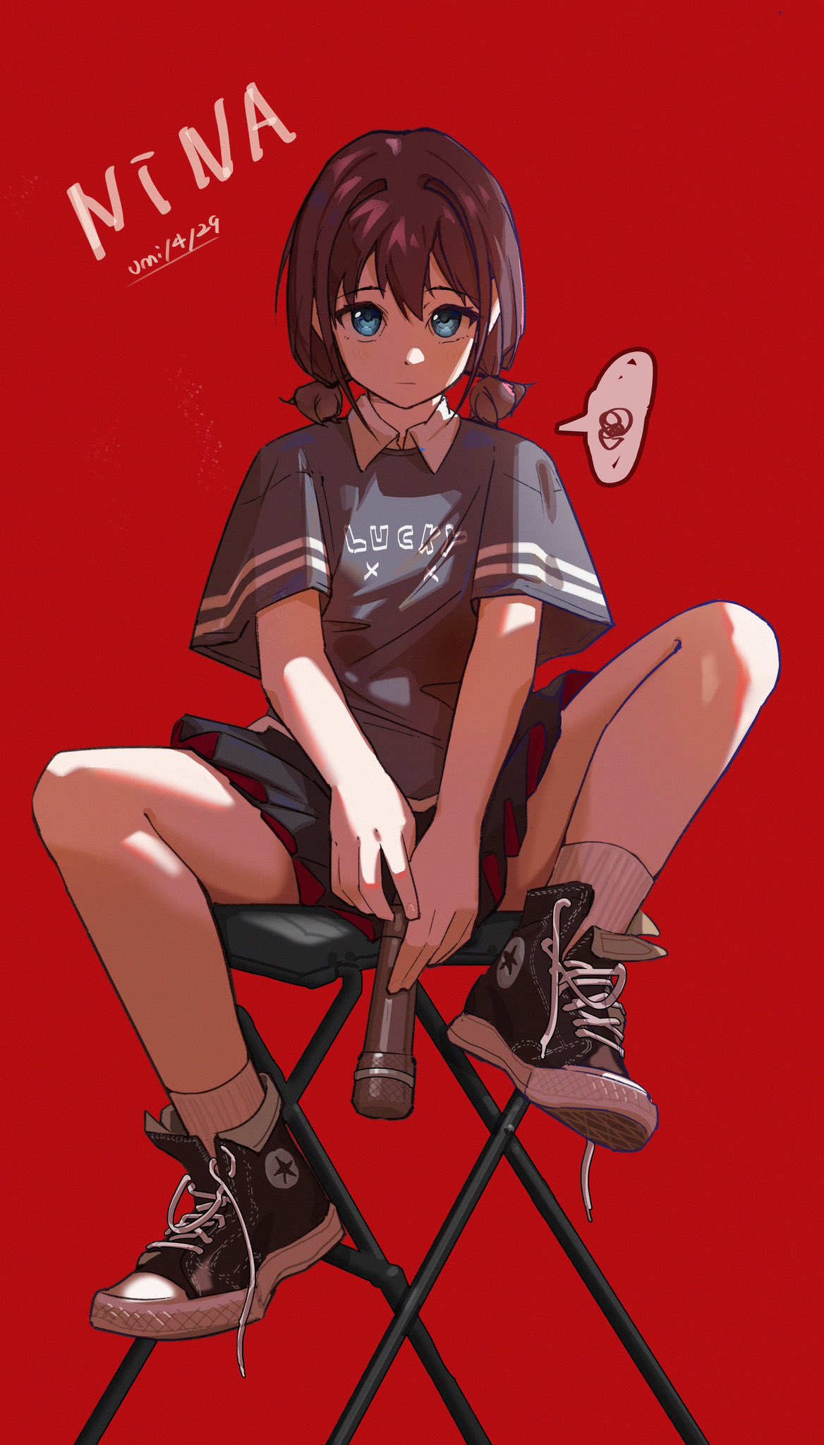 Safebooru - 1girl black footwear black hair black skirt blue eyes chair character name collared ...