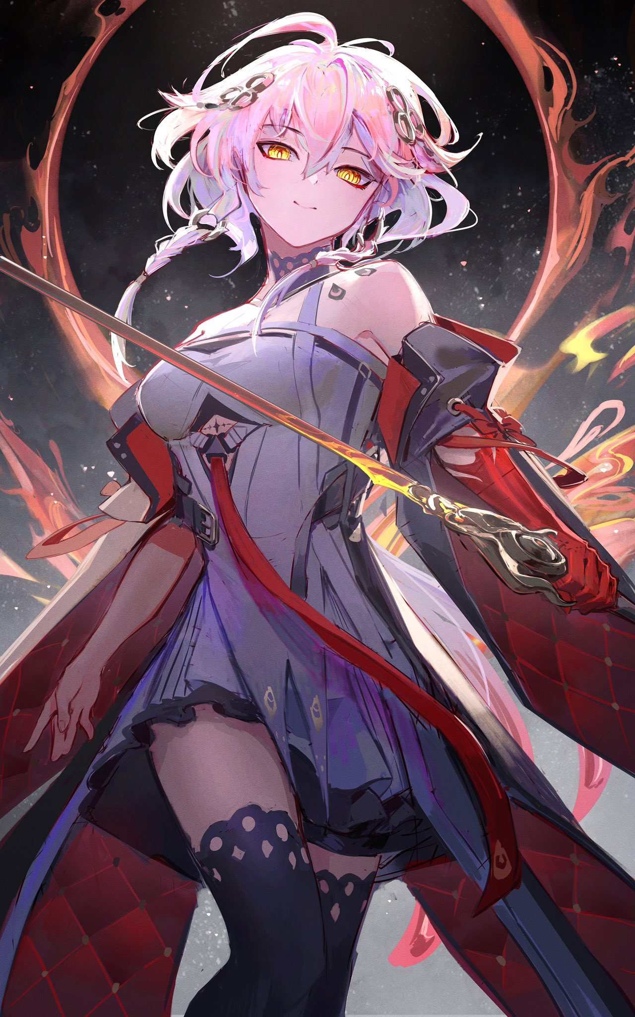 Safebooru - 1girl ahoge bare shoulders black coat black collar black thighhighs body markings ...