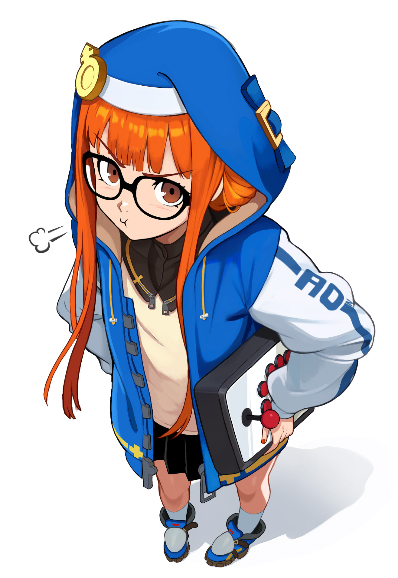 Safebooru - 1girl :i androgyne symbol arcade stick black skirt blue jacket blunt bangs bridget ...