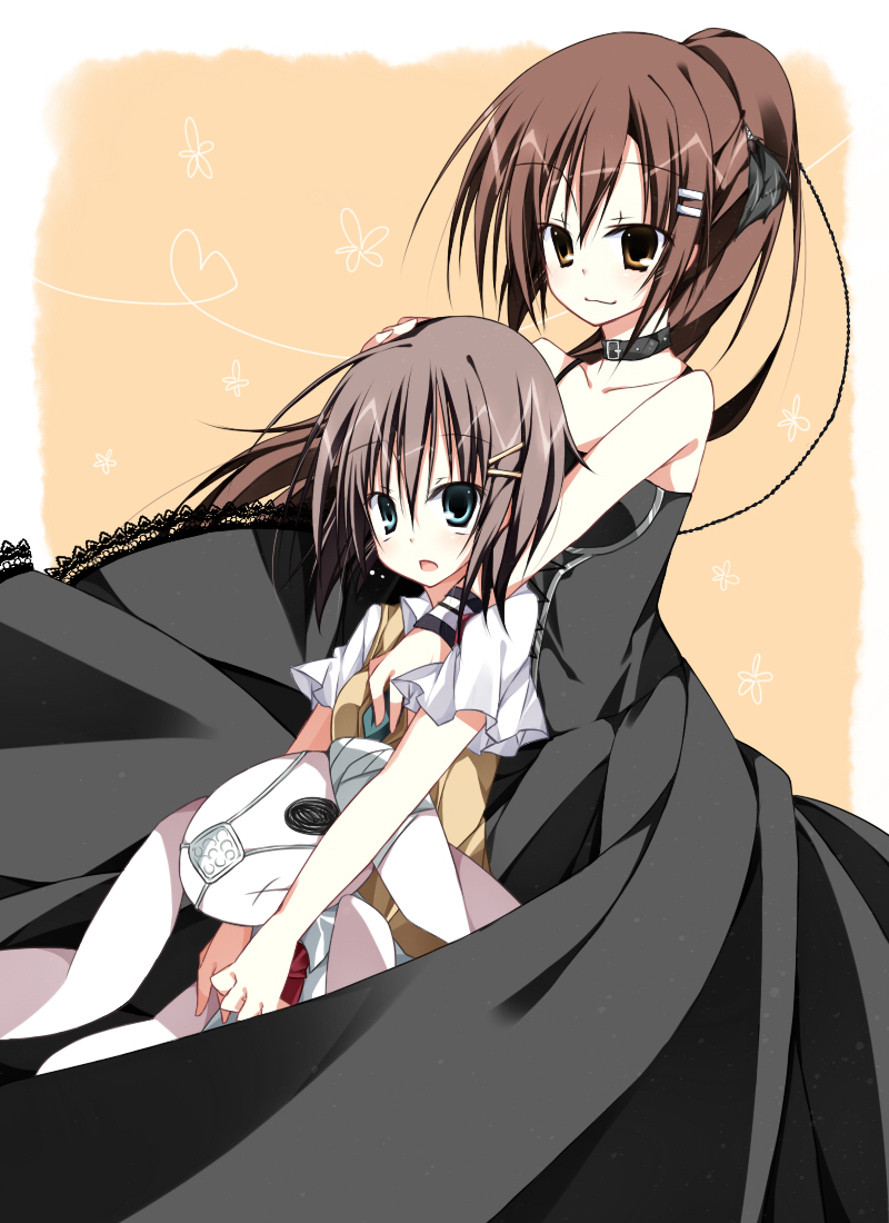 Safebooru - 2girls :3 aqua eyes bare shoulders black choker black dress blush brown eyes brown ...