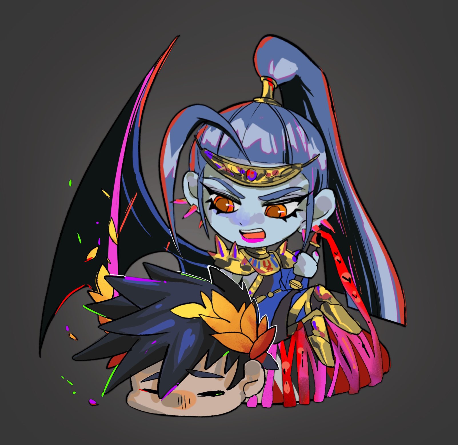 Safebooru - 1boy 1girl = = bat wings black hair blue hair blue skin bound chibi chibi only ...