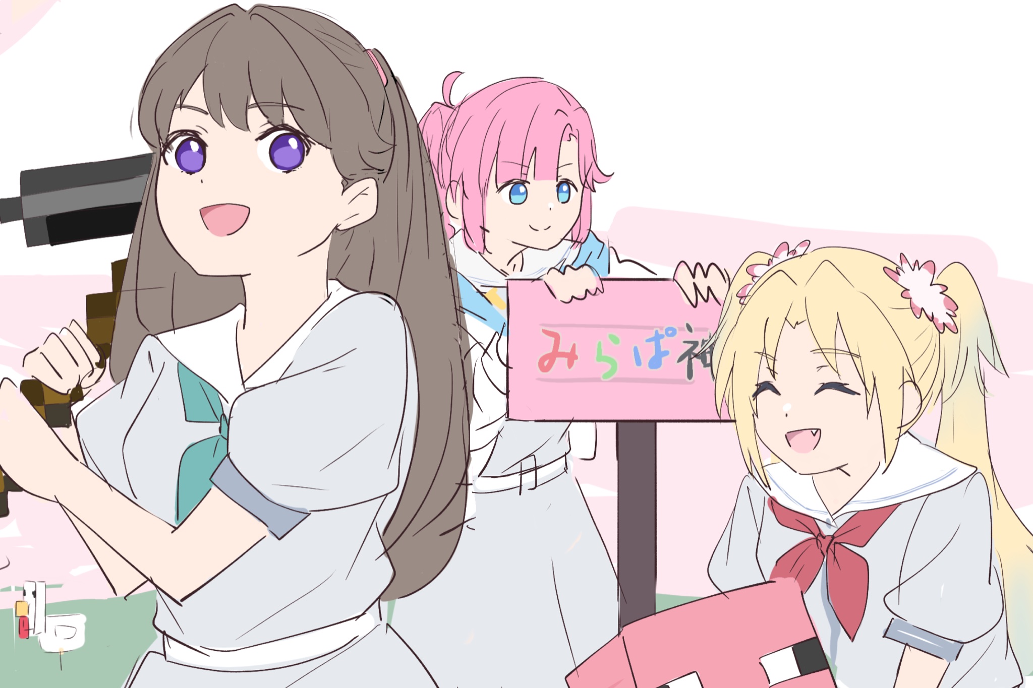 Safebooru - 3girls :d ^ ^ ahoge anyoji hime aqua neckerchief blonde hair blue eyes blue hair ...