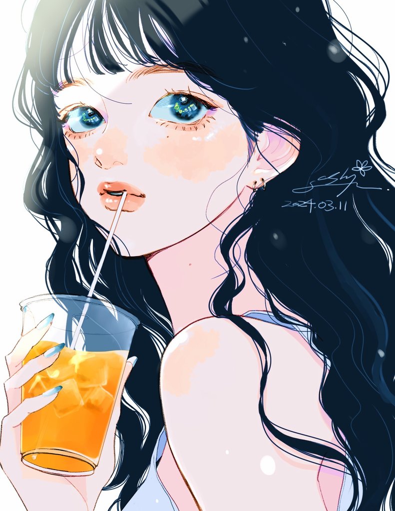 Safebooru 1girl Artist Name Black Hair Blue Eyes Blue Nails Cup Dated 7495