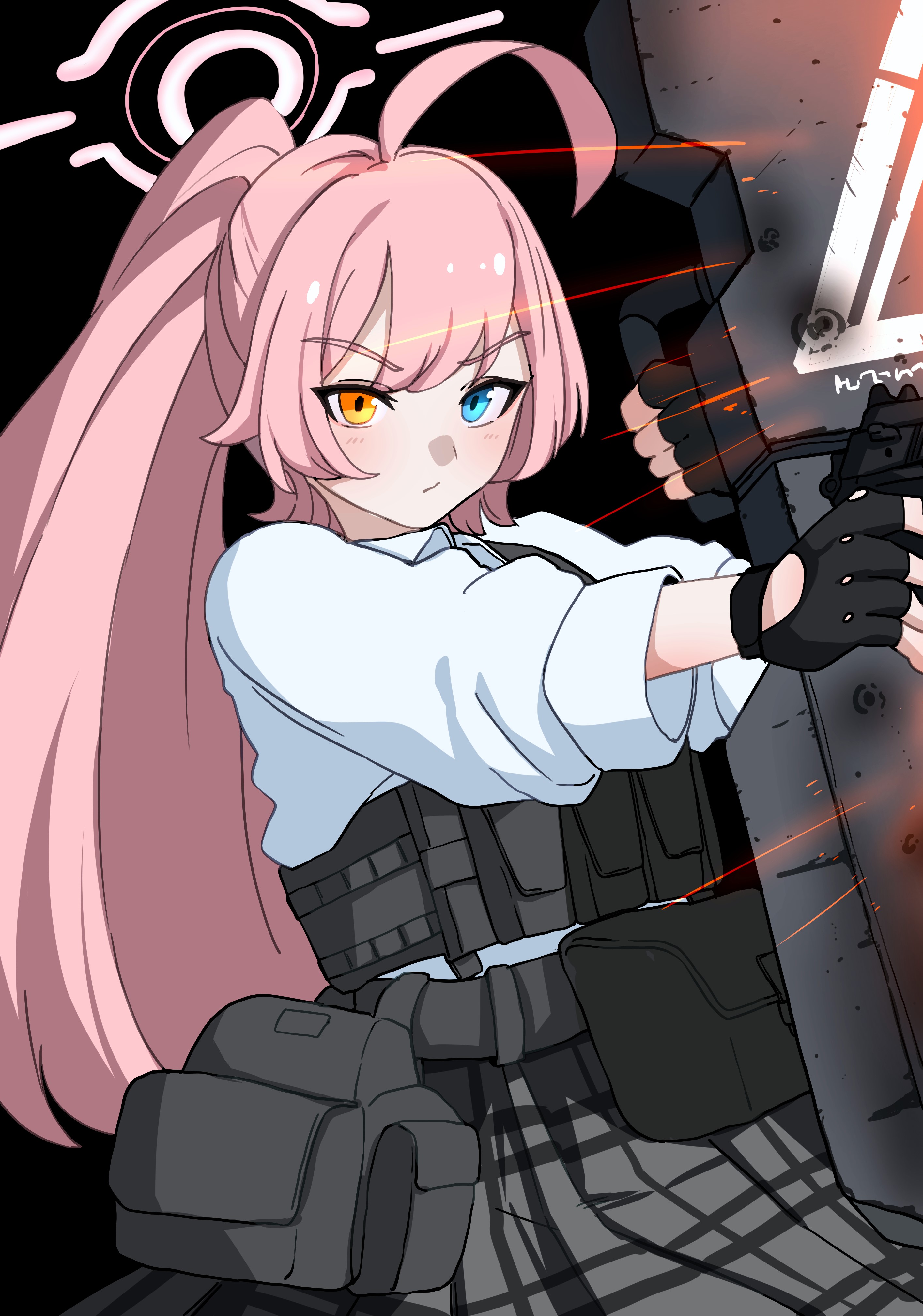 Safebooru - 1girl absurdres ahoge black background black gloves blue archive bulletproof vest ...