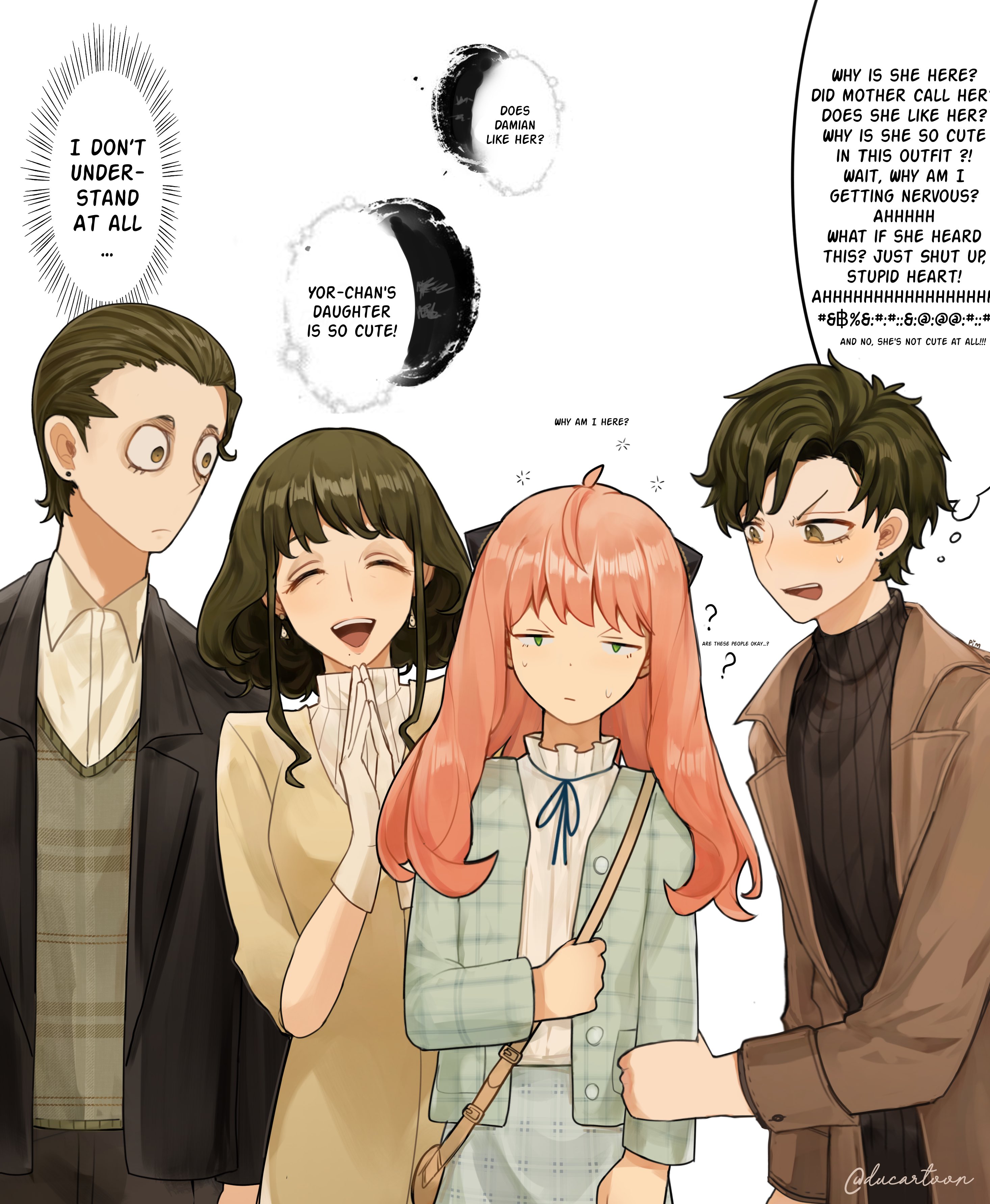 Safebooru - 2boys 2girls :d ? ^ ^ absurdres aged up anya (spy x family) black hair black sweater ...