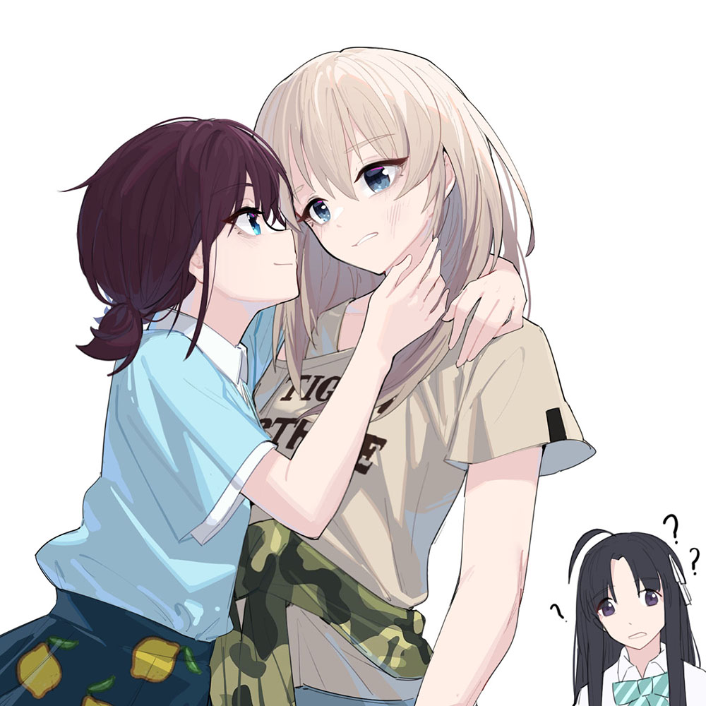 Safebooru - 3girls ? ?? arms around neck ayatsuki nina black hair blue bow blue bowtie blue eyes ...