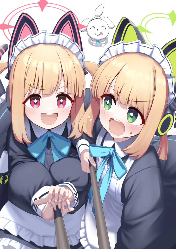 Safebooru - 1boy 2girls :p animal animal ear headphones animal ears animalization apron black ...