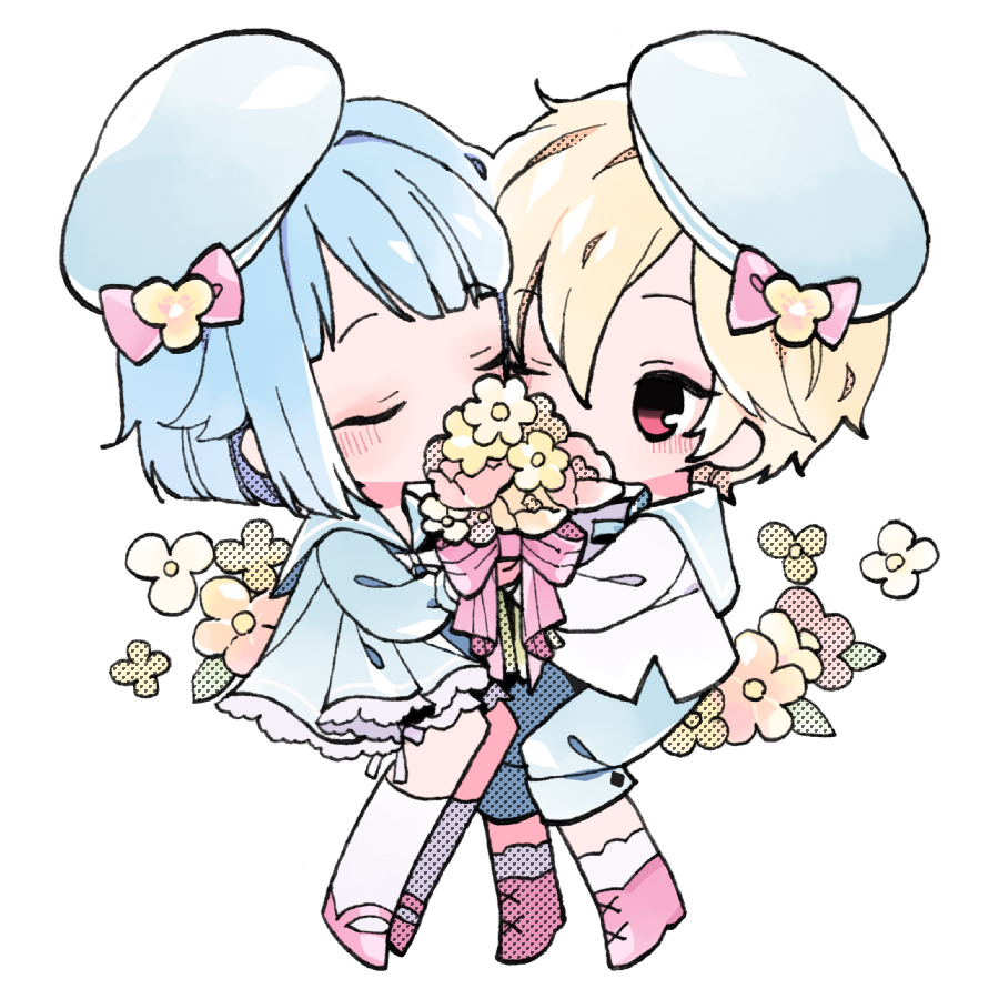 Safebooru - 2boys androgynous ankle socks blonde hair blue hair blue ...