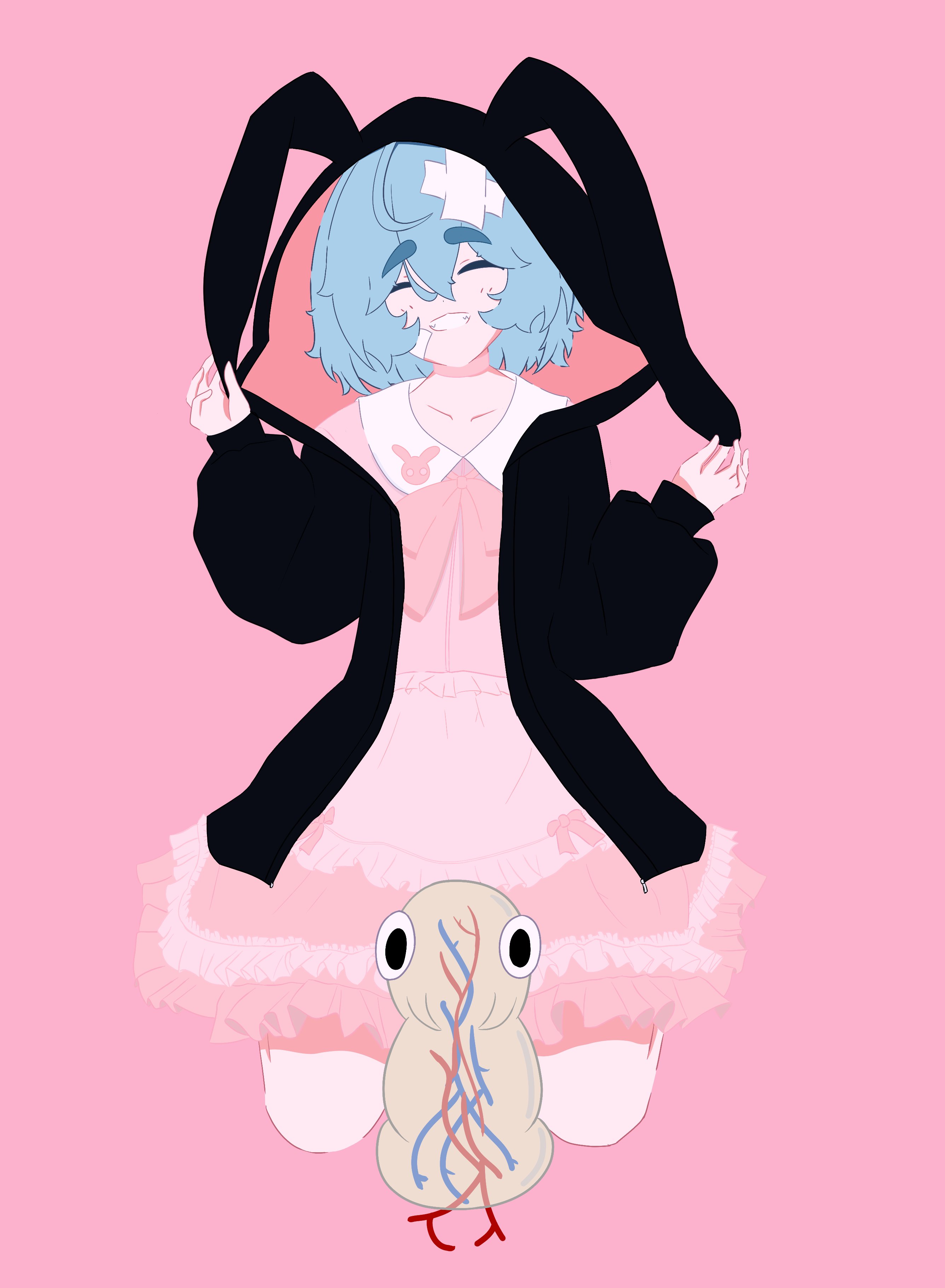 Safebooru - 1girl :d absurdres ahoge alternate costume animal ears black hoodie blue hair bow ...