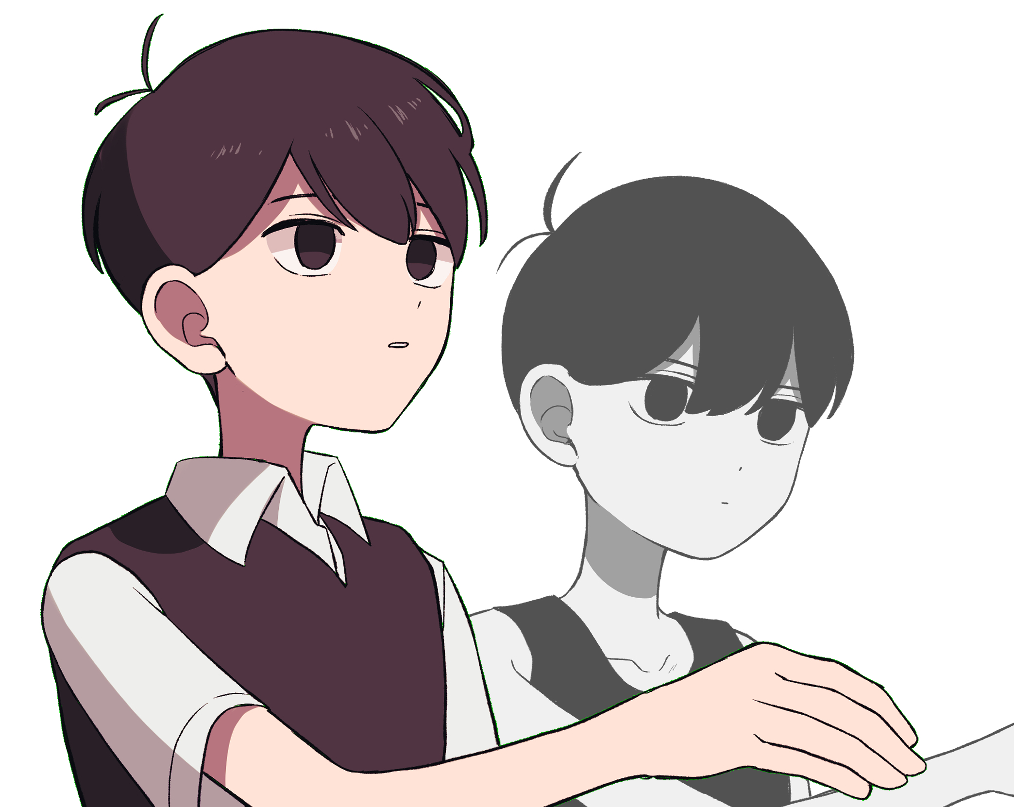 Safebooru - 2boys black eyes black hair black sweater vest black tank top closed mouth collared ...