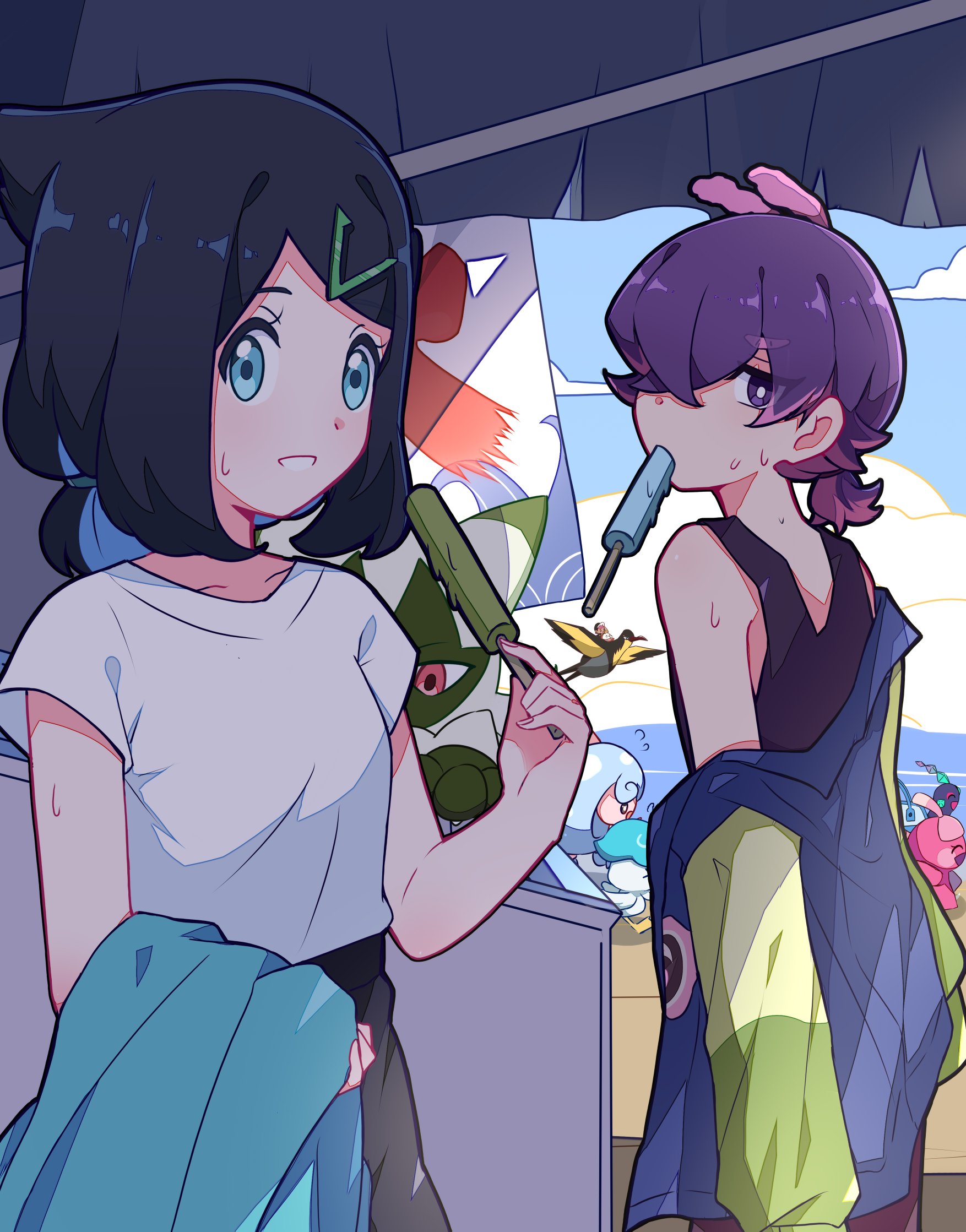 Safebooru - 2girls bird black hair black shorts blue eyes closed mouth ...
