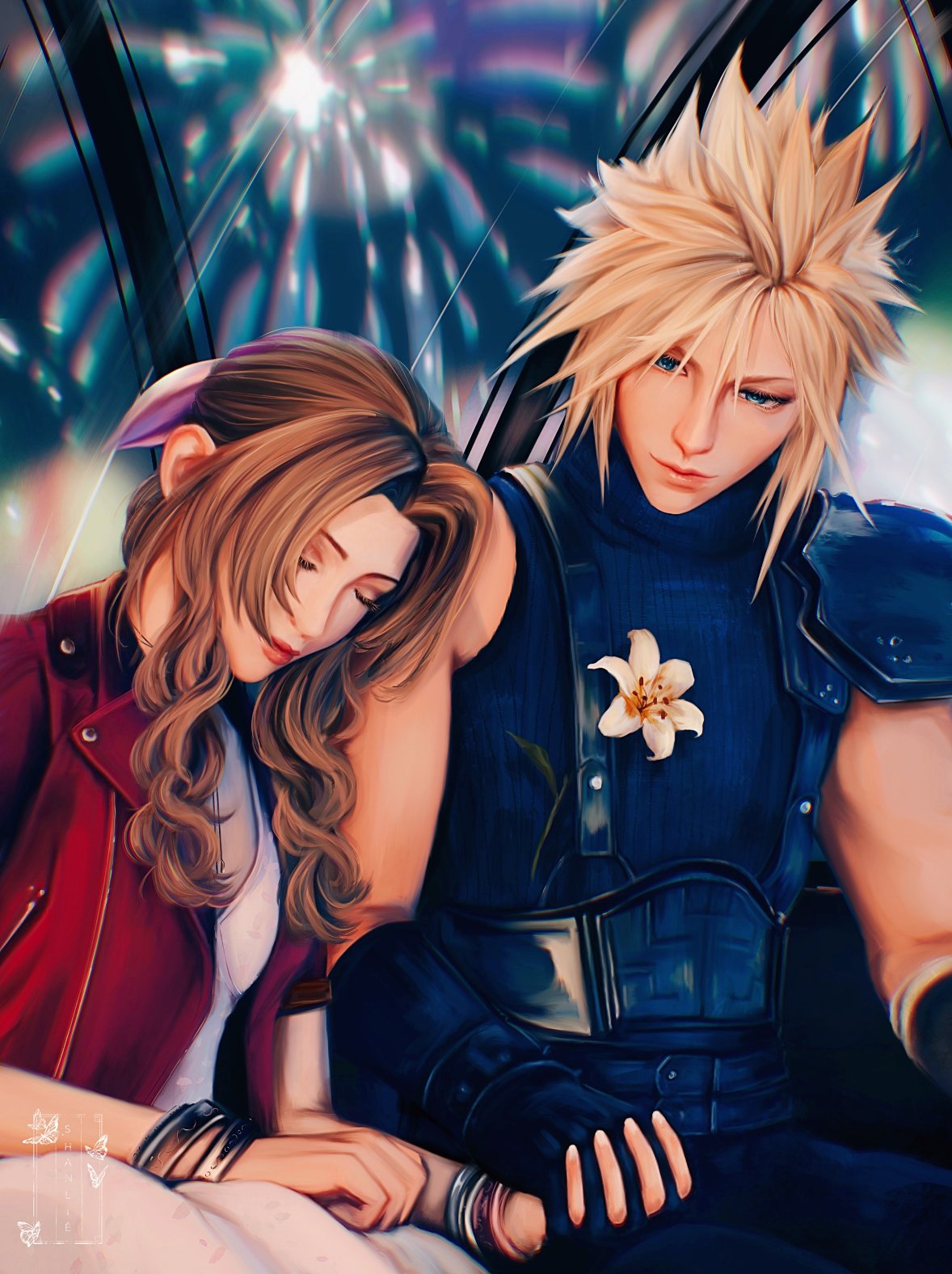 Safebooru - 1boy 1girl aerith gainsborough armor bangle belt black gloves blonde hair blue eyes ...