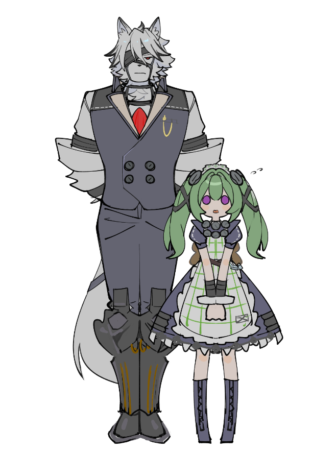 Safebooru - 1boy 1girl apron armored boots arms behind back black dress ...