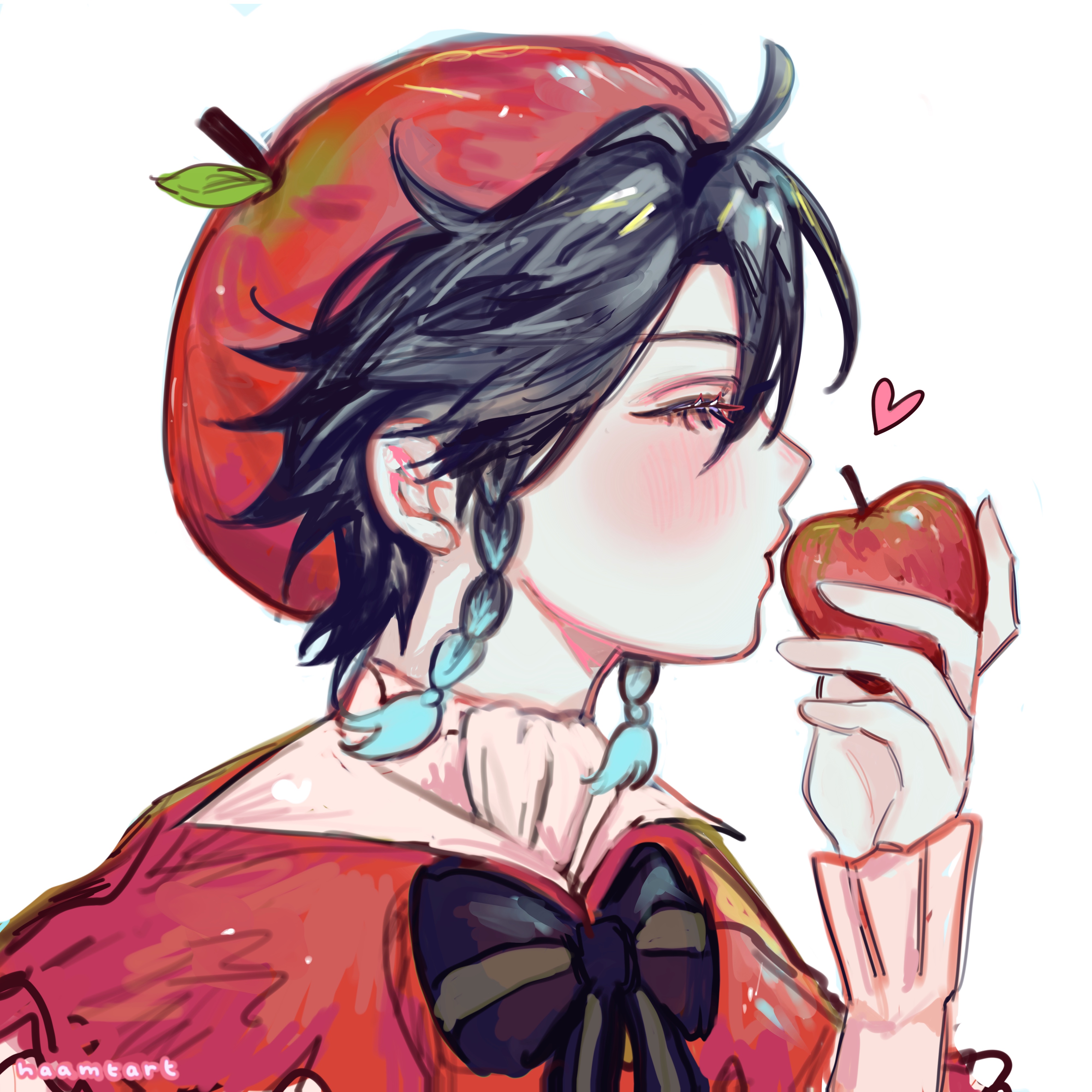 Safebooru - 1boy absurdres androgynous apple artist name beret black bow black bowtie black hair ...