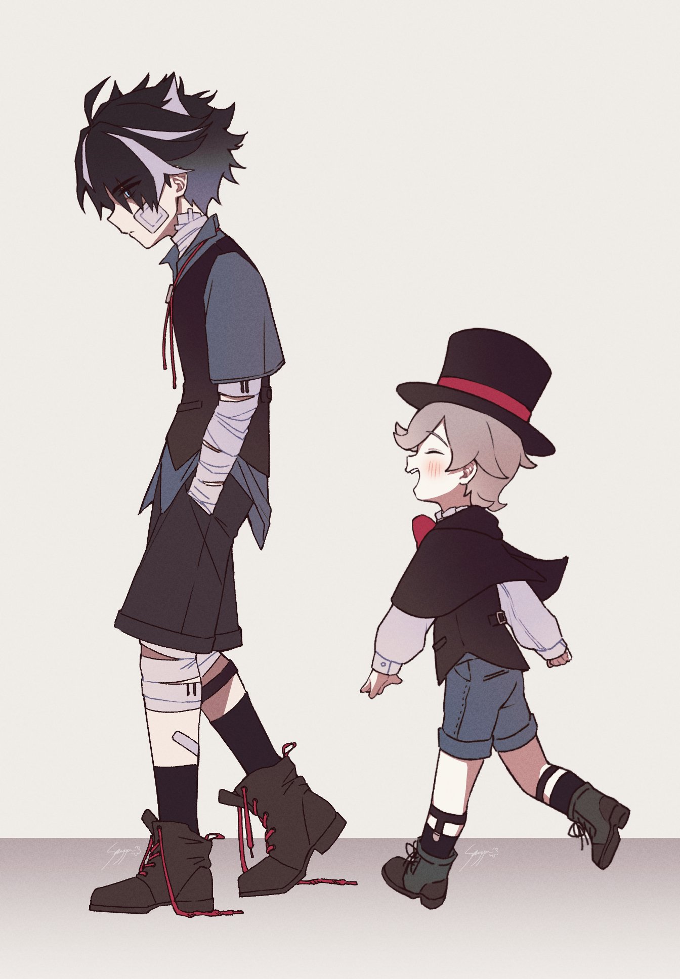 Safebooru - 2boys :d ^ ^ aged down artist name bandaged arm bandaged leg bandages bandaid ...