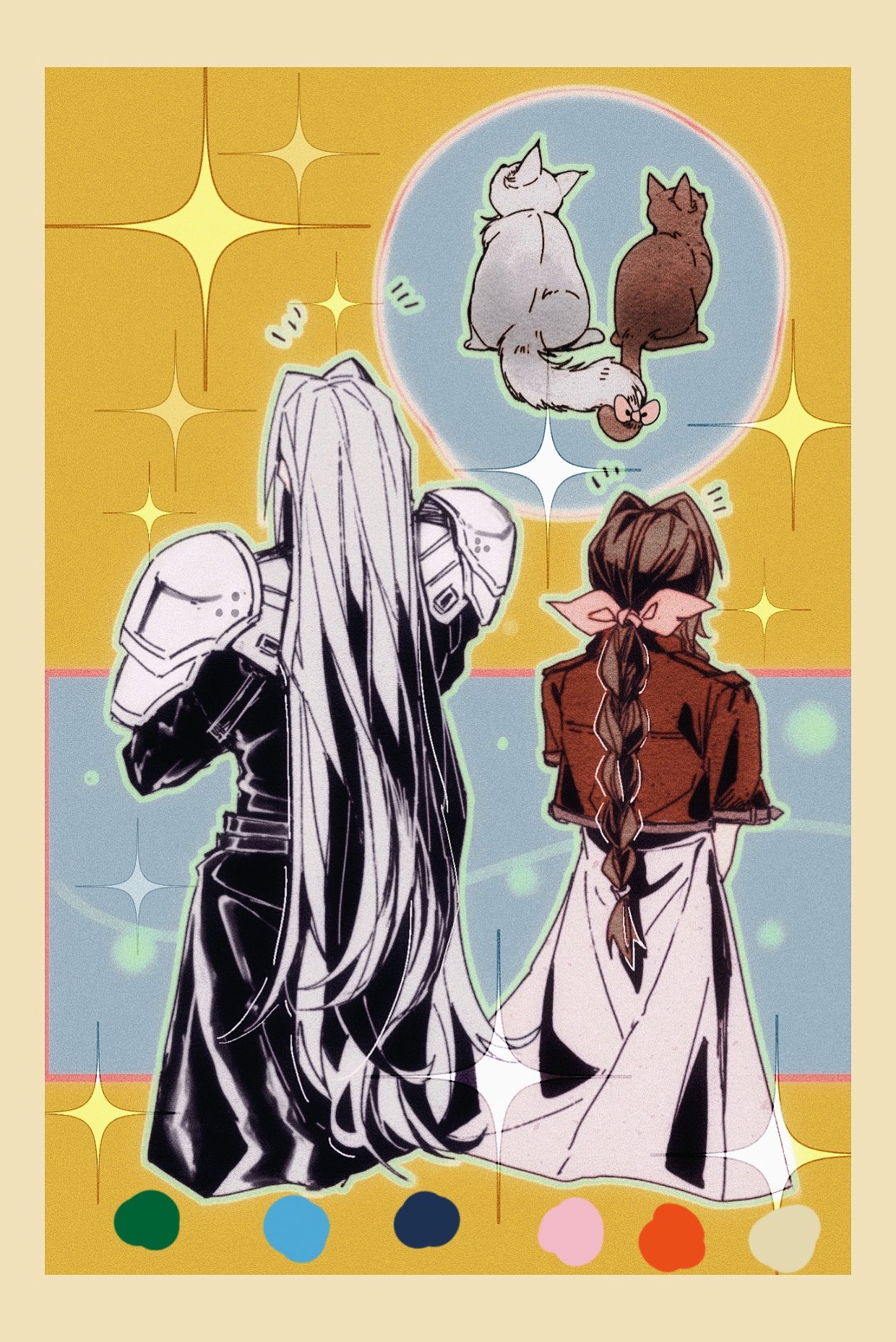 Safebooru - 1boy 1girl aerith gainsborough animalization armor black coat bow braid braided ...