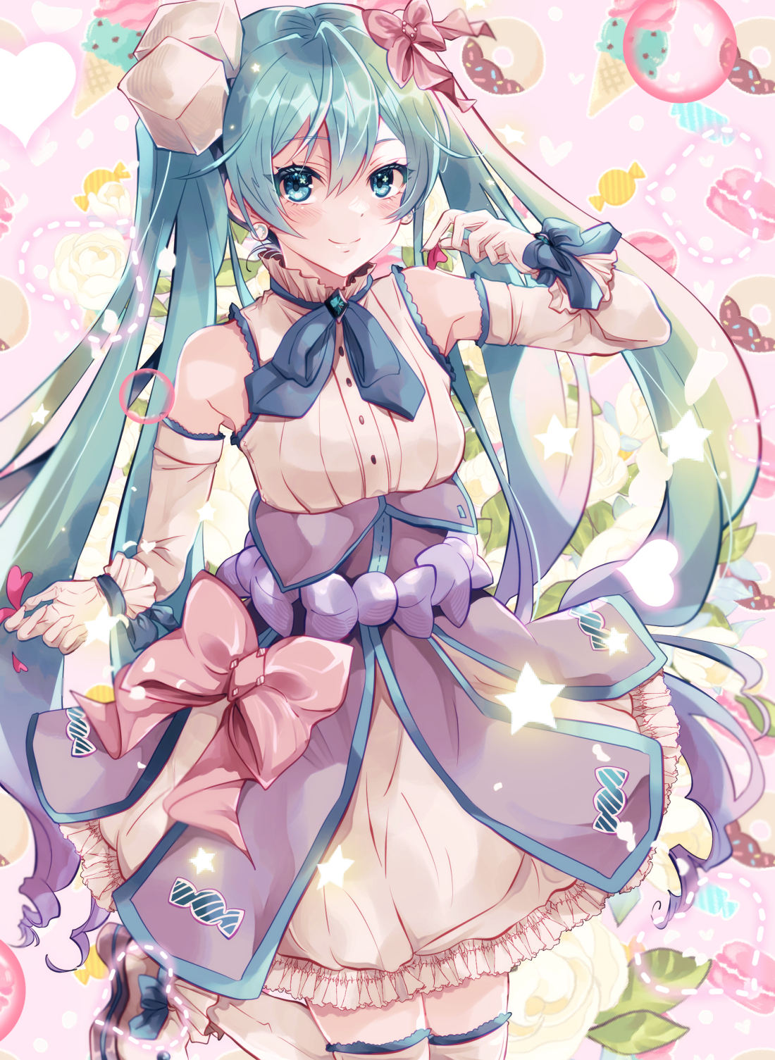 Safebooru - 1girl aqua eyes aqua hair arm ribbon arm up blue ribbon blush bow breasts brooch ...