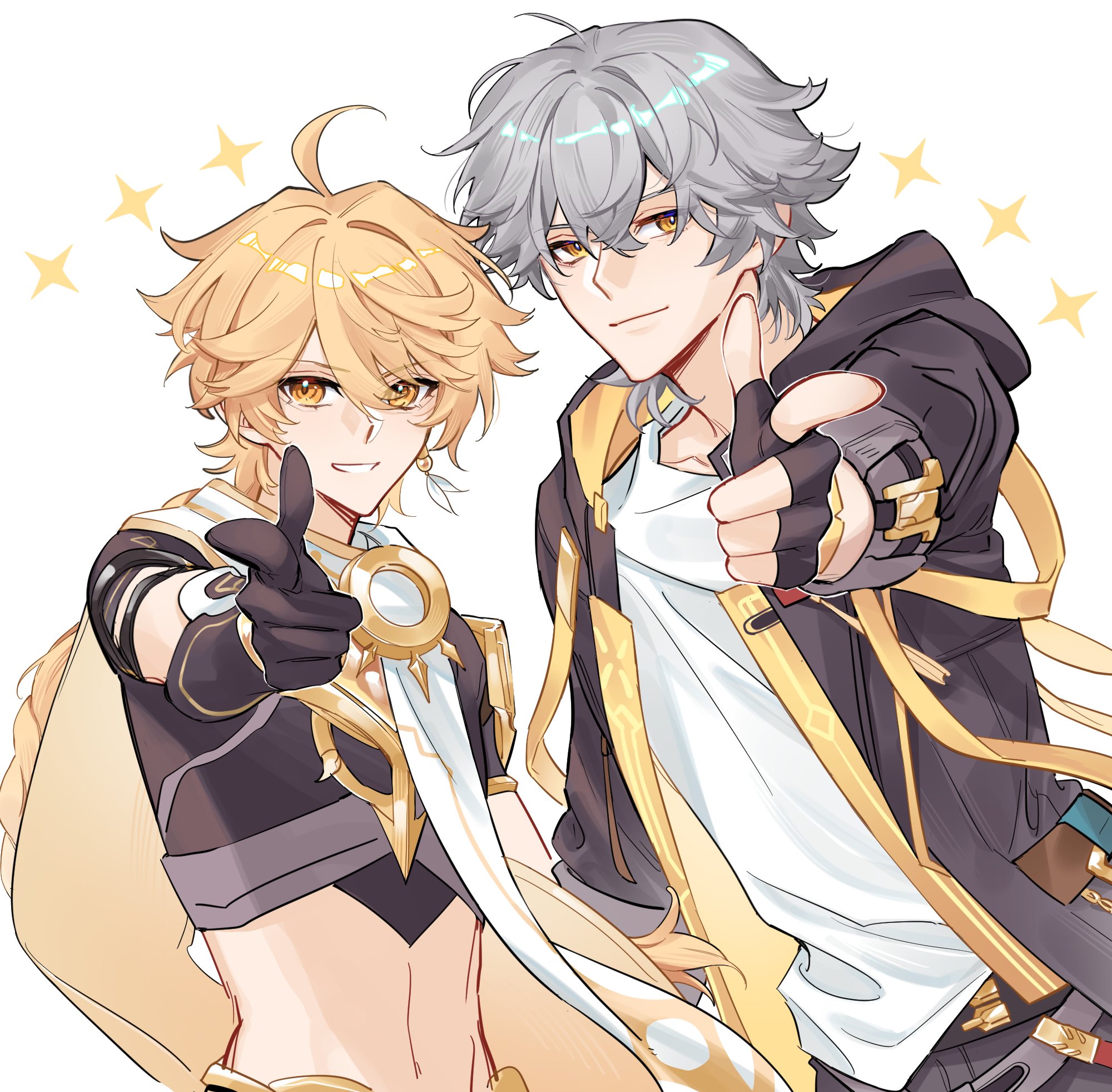 Safebooru - 2boys aether (genshin impact) ahoge an junjyue arm armor arm up armor belt black ...