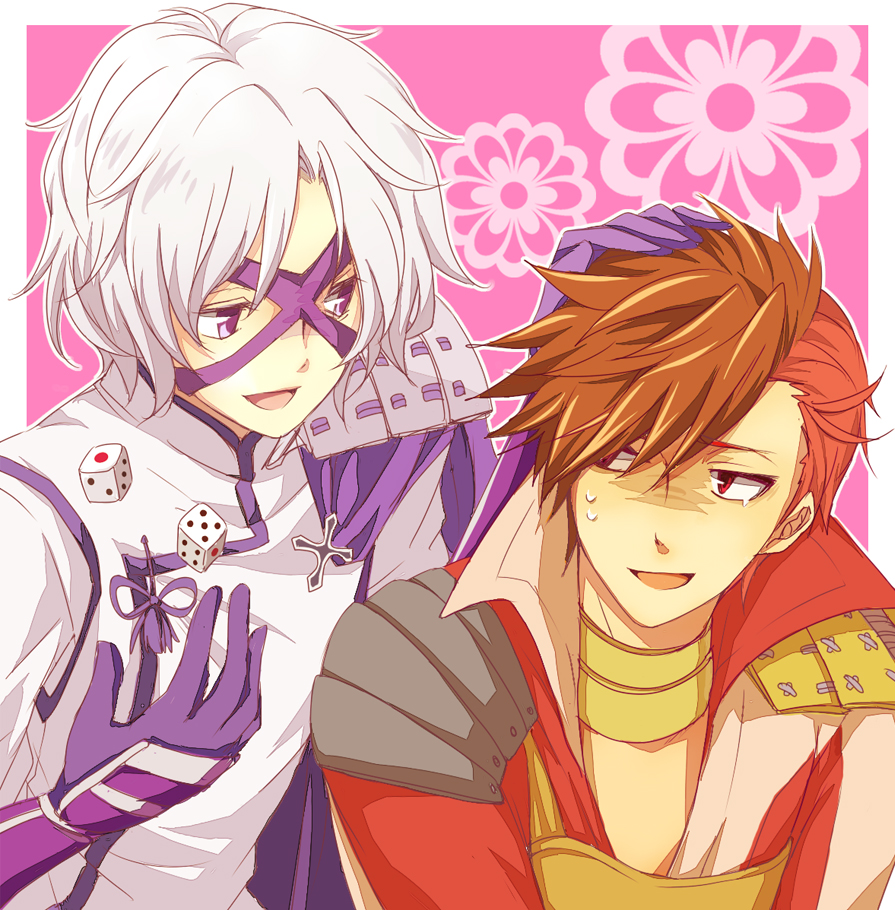 Safebooru - 0aoiurn0 2boys :d armor border brown hair dice eye mask ...