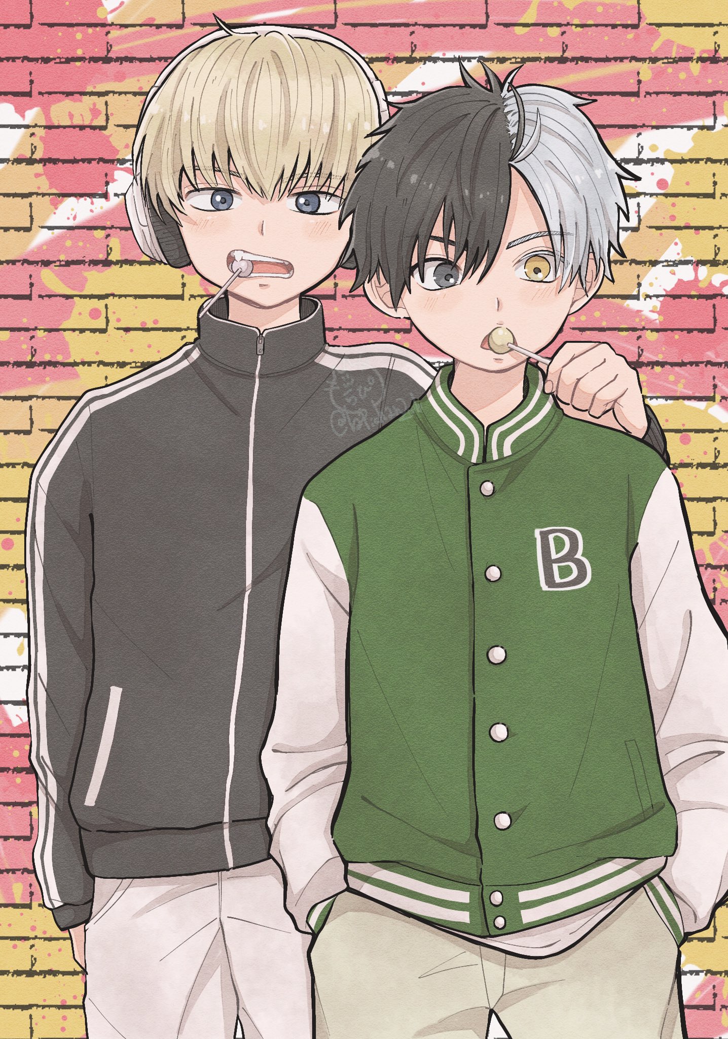 Safebooru - 2boys black hair blonde hair brick wall candy food hands in pockets headphones ...