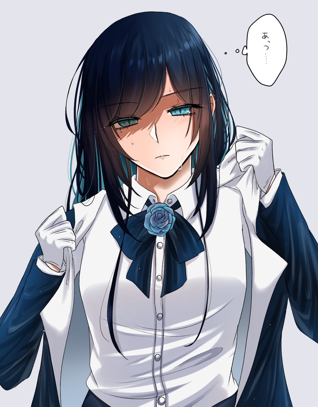 Safebooru - 1girl ado (utaite) black bow black bowtie black hair blue background blue coat blue ...