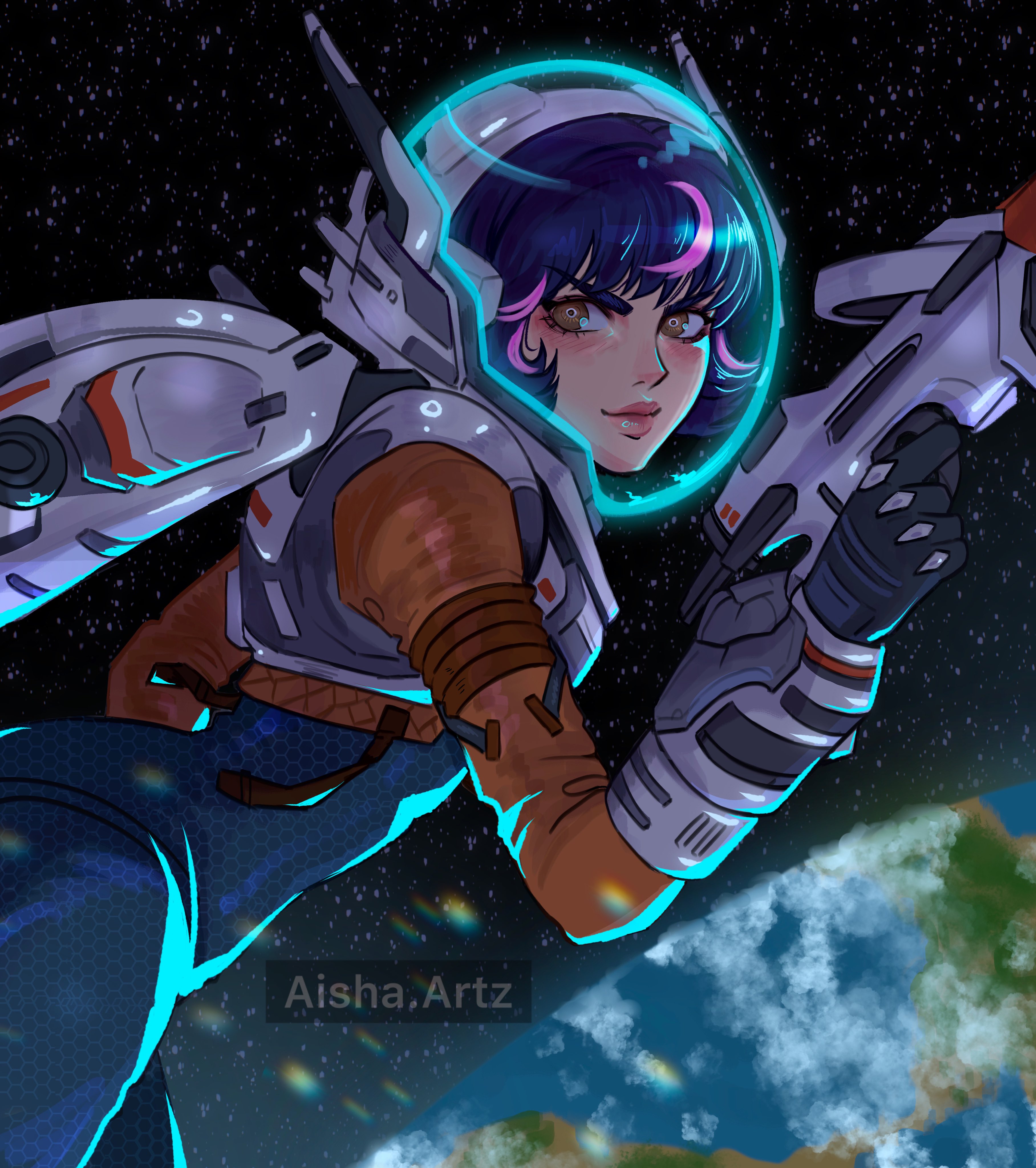 Safebooru - 1girl above clouds absurdres artzaisha black gloves blue suit brown eyes clouds ...