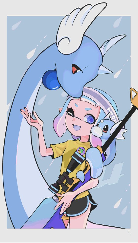 Safebooru - 1girl ;d badge black shorts blue hair blue tongue button ...