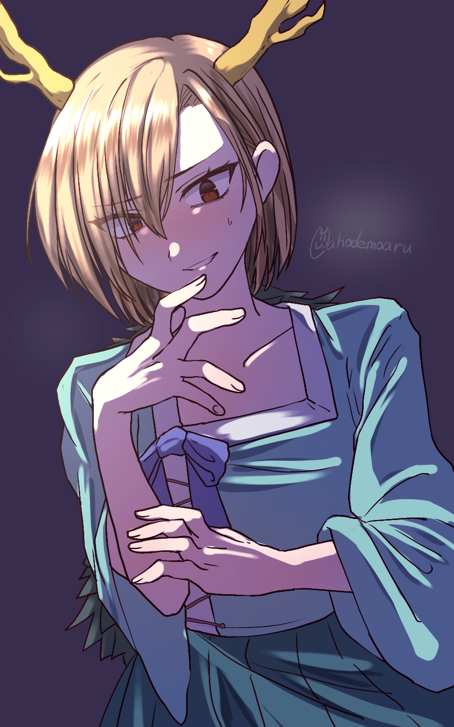 Safebooru - 1girl ahodemoaru antlers blonde hair blue bow blue shirt blush bow collarbone dragon ...