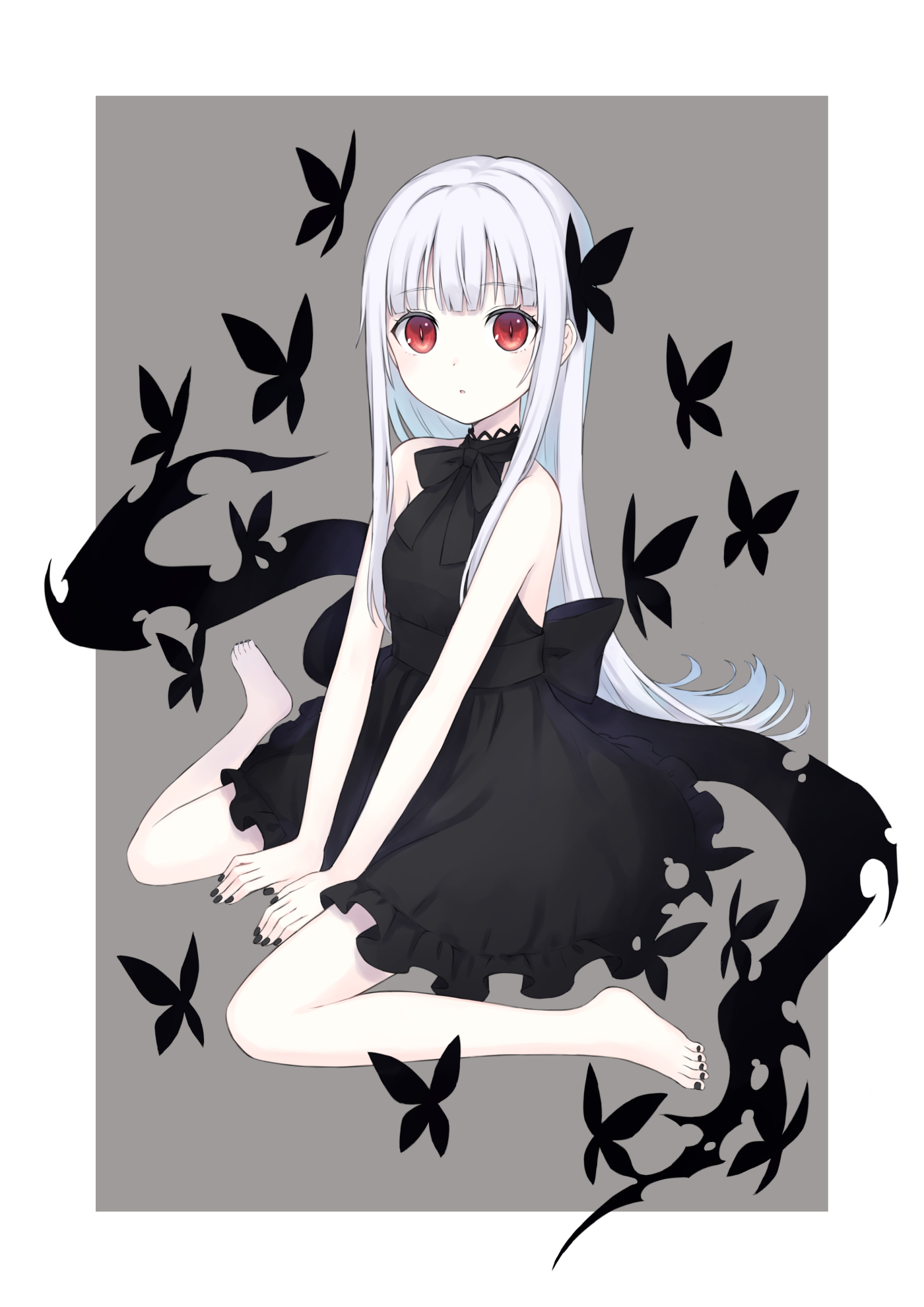 Safebooru - 104 1girl barefoot black dress black nails bug butterfly dress grey background ...