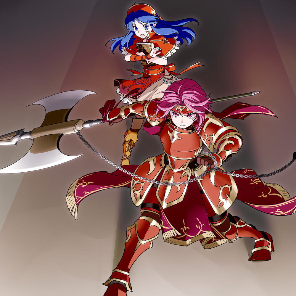 Safebooru - 2girls armor armored boots axe battle axe blue eyes blue hair boots fire emblem fire ...
