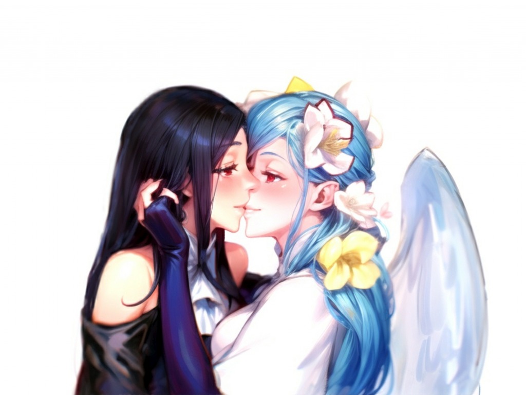 Safebooru - alternate costume alternate hairstyle black hair blue hair couple couple in love ...