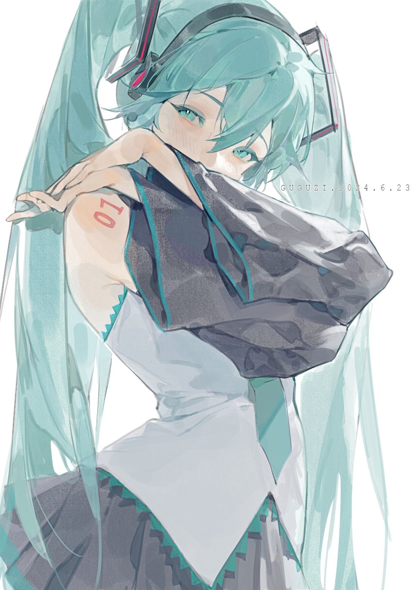 Safebooru - 1girl aqua eyes aqua hair aqua necktie artist name bare shoulders black headphones ...