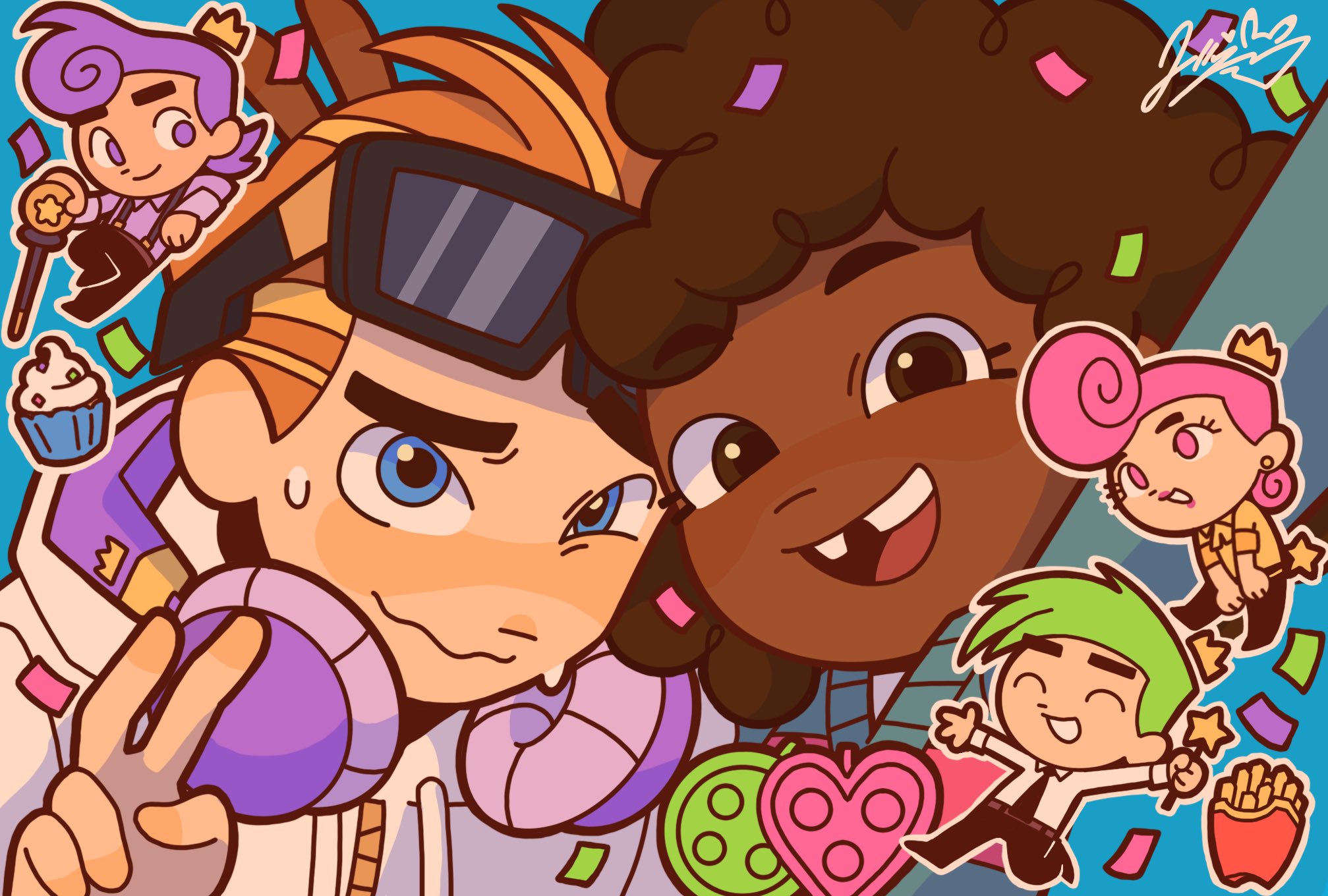 Safebooru - 2girls 3boys artist name black necktie blue eyes brown eyes brown hair confetti ...