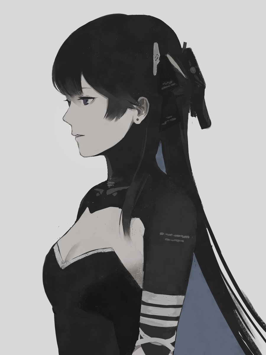 Safebooru - 1girl bandaged arm bandages black dress black hair bob cut dress ear piercing grey ...