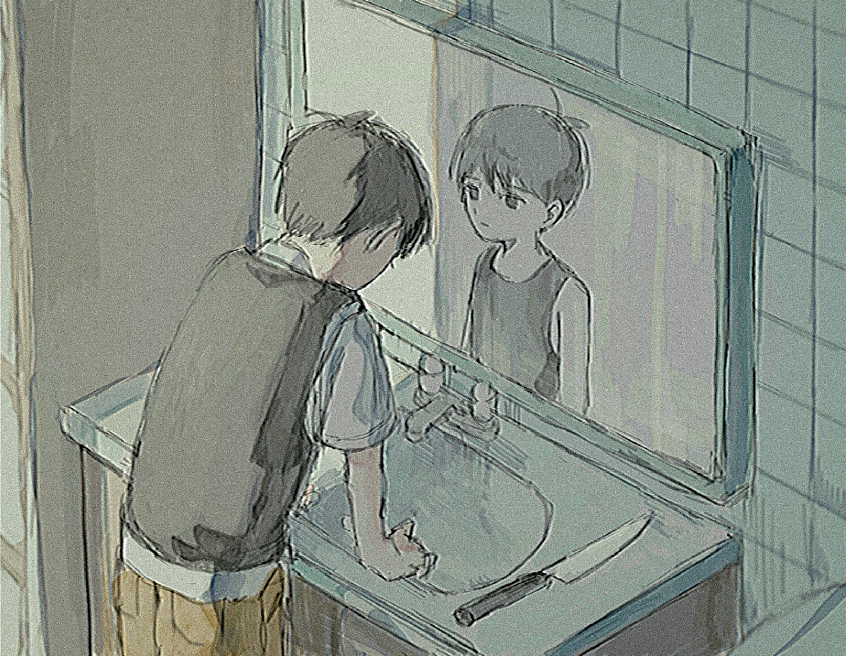 Safebooru - 1boy bathroom black hair black sweater vest brown shorts ...