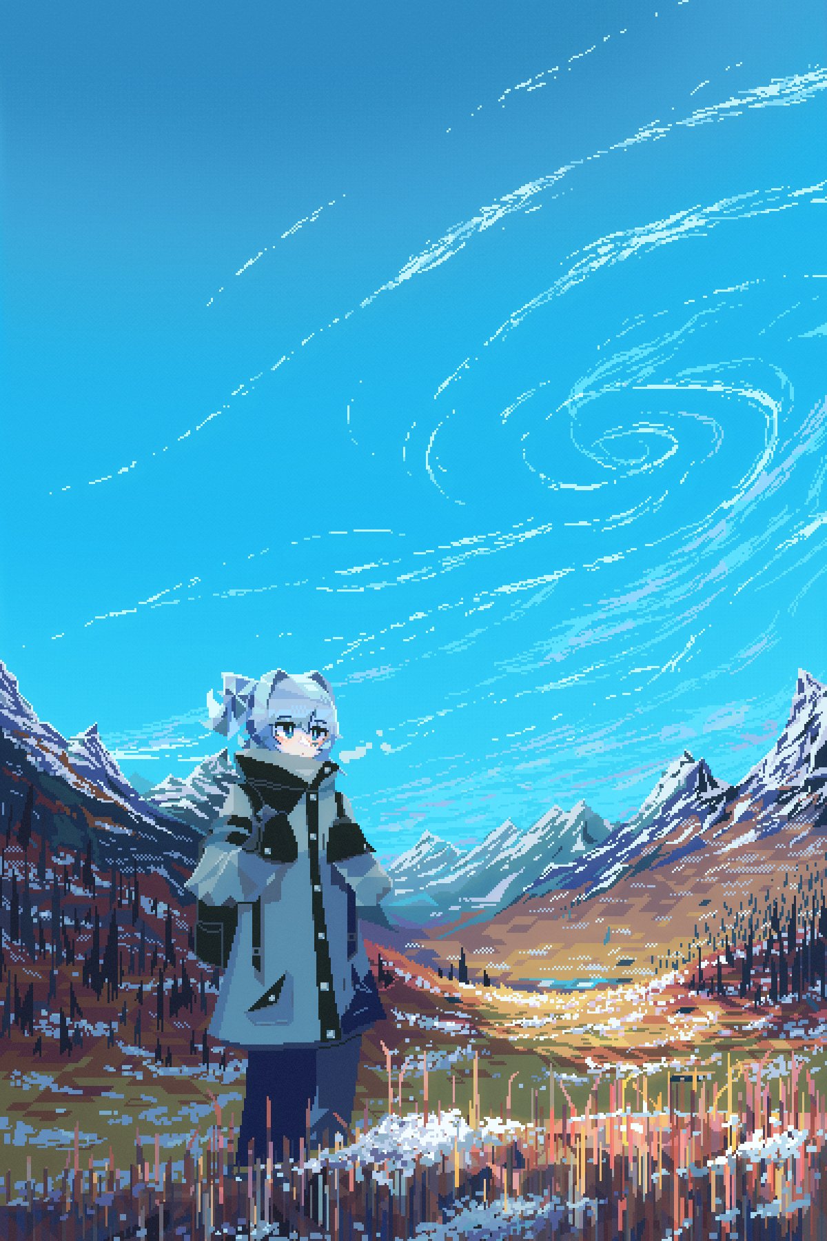 Safebooru - 1girl backpack bag black bag blue eyes blue hair blue pants blue sky bright pupils ...