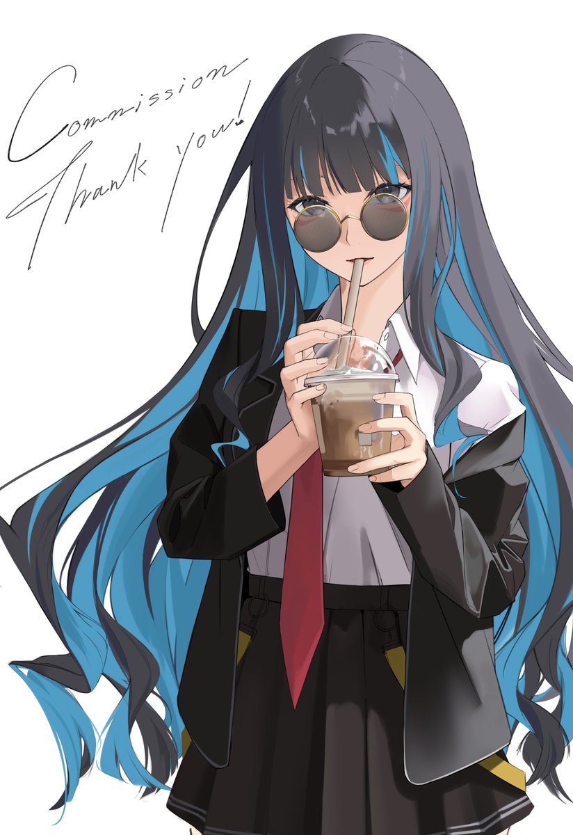 Safebooru - 1girl black hair black jacket blue-tinted eyewear blue hair colored inner hair ...