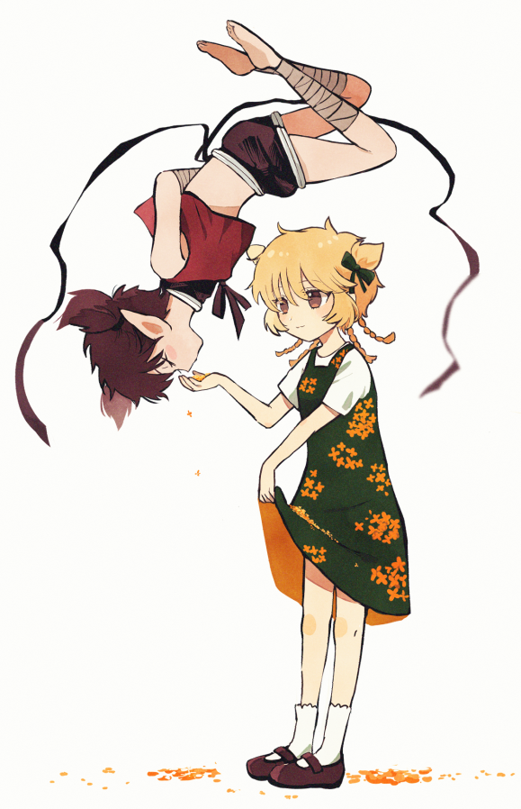 Safebooru - 1boy 1girl androgynous bandaged arm bandaged leg bandages barefoot blonde hair bow ...