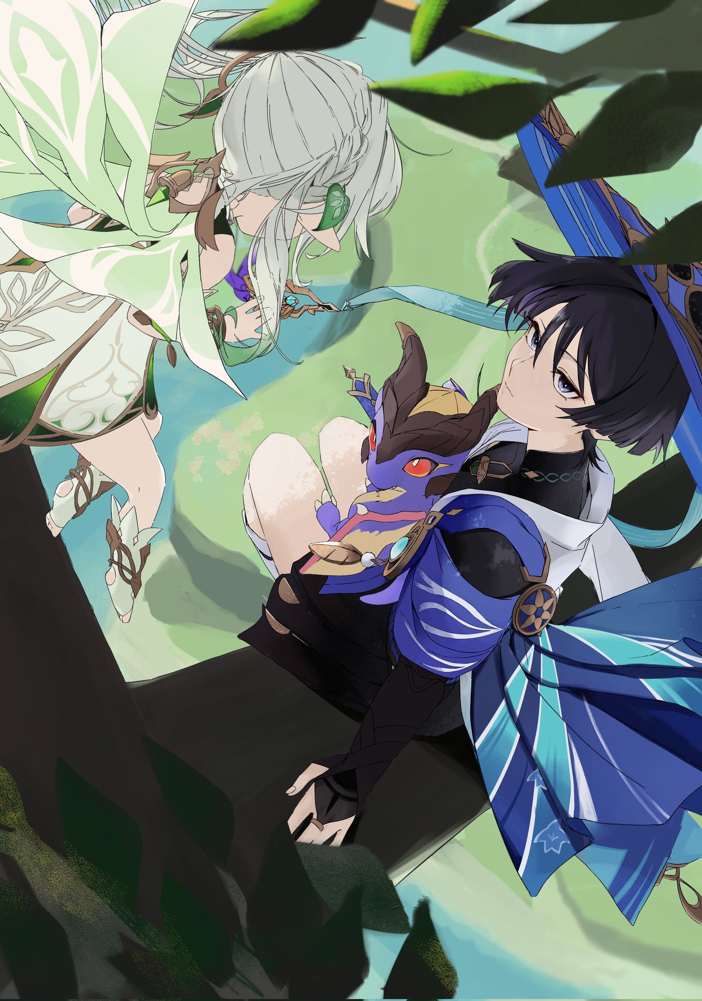 Safebooru - 1boy 1girl animal print bell bird print black bodysuit black eyes black hair black ...