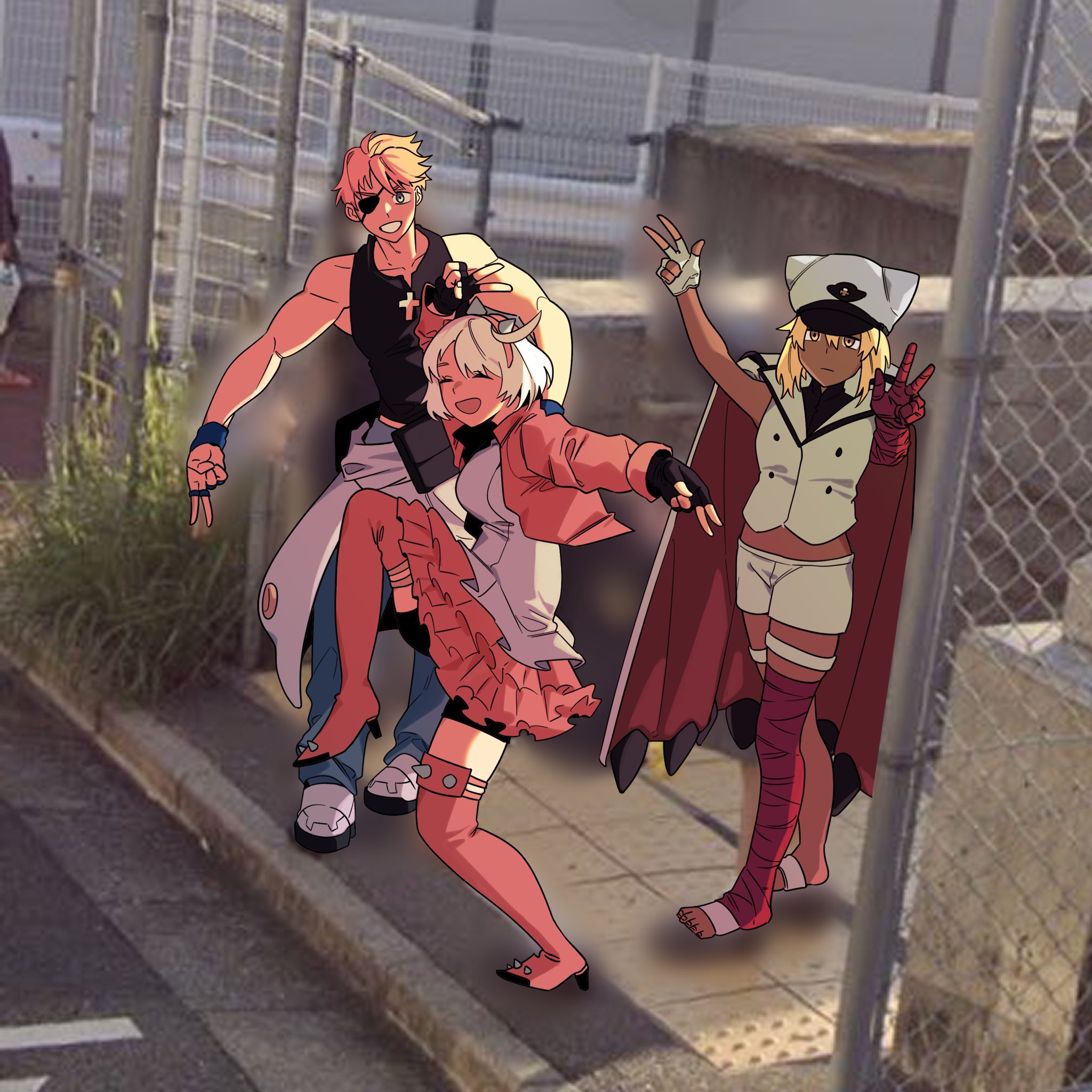 Safebooru - 1boy 2girls bandaged arm bandages blonde hair cape closed eyes clover dark-skinned ...