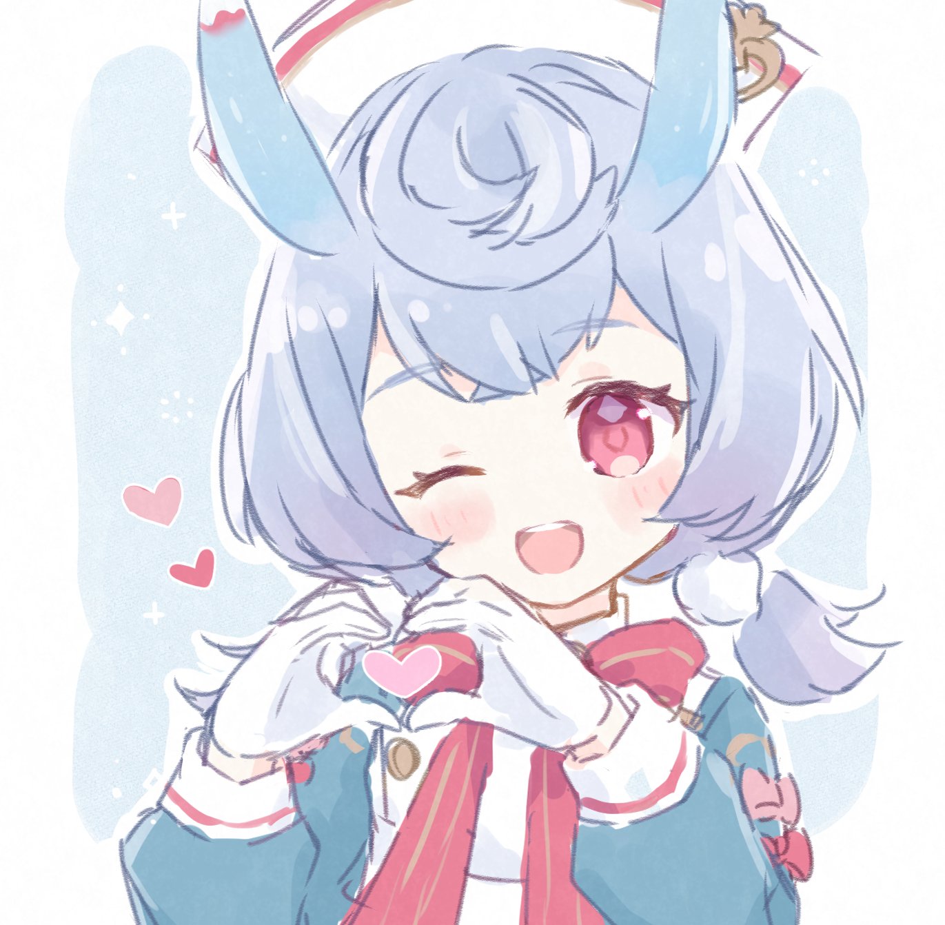 Safebooru - 1girl ;d animal ears aqua dress blue background blue hair blush border bow bowtie ...