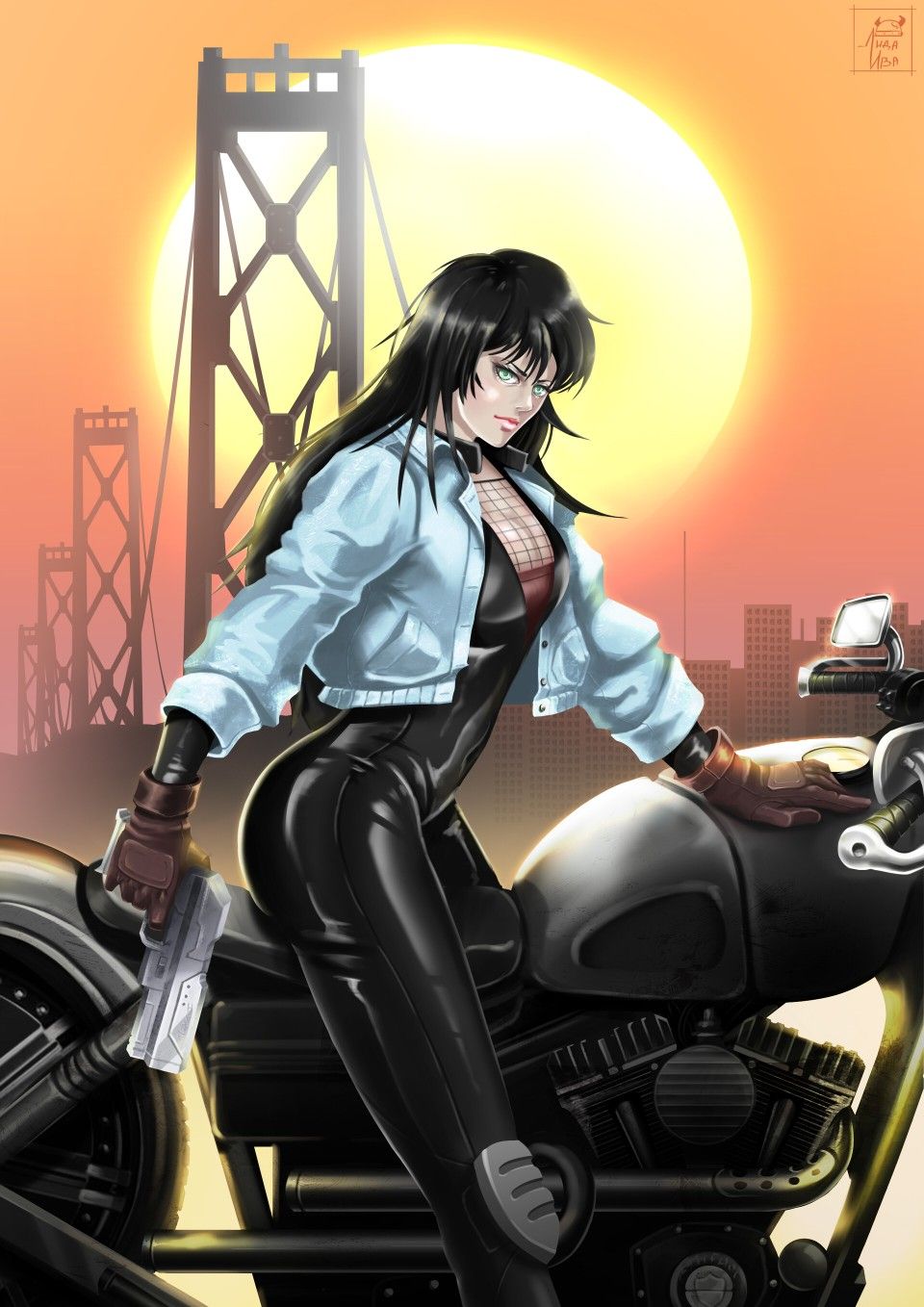 Safebooru - 1girl angel cop angel mikawa(angel cop) anonymousartist ass background bike biker ...