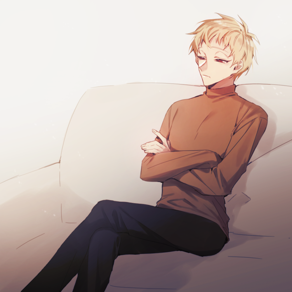 Safebooru - 1boy atou haruki black pants blonde hair brown sweater closed mouth commentary ...