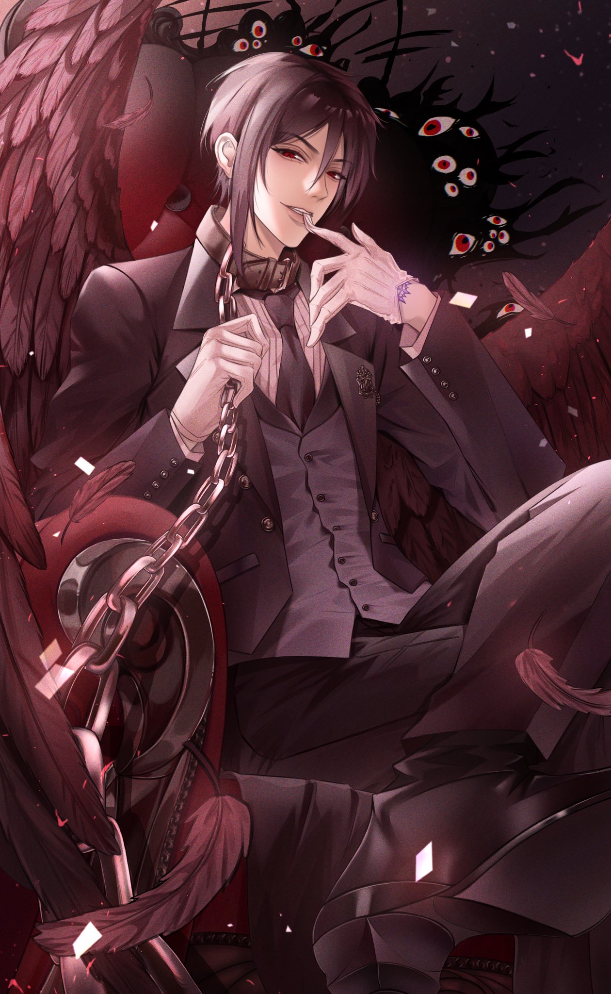 Safebooru - 1boy artchouu badge biting biting clothes black feathers black footwear black hair ...