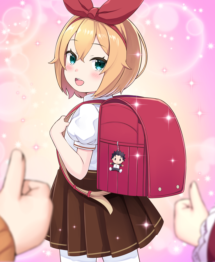 Safebooru - 1boy 2girls :d alternate costume backpack bag beatrice (re:zero) black hair blue ...